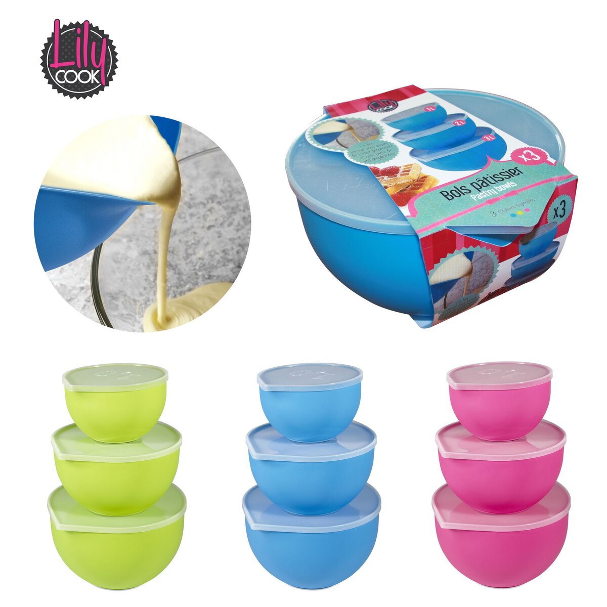 LILY COOK 3 bols pâtissier + couvercle avec bec verseur pas cher ...
