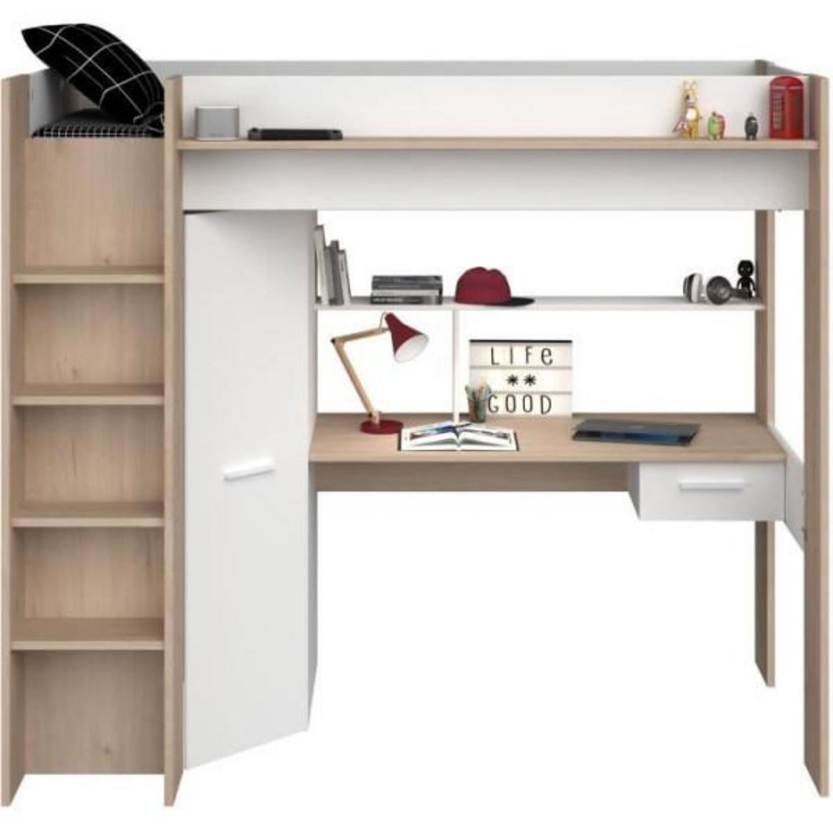 PARISOT Lit mezzanine enfant PARISOT HIGH - Chene et blanc - Sommier ...