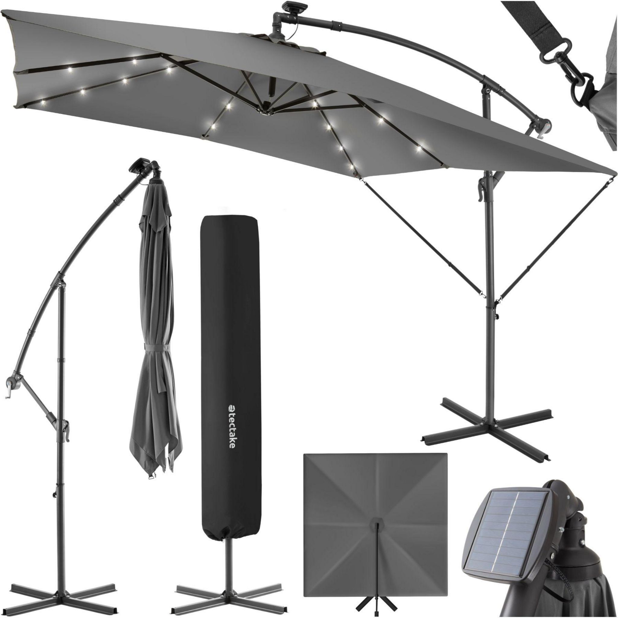 tectake Parasol 250 x 250 cm avec éclairage LED solaire gris clair pas ...