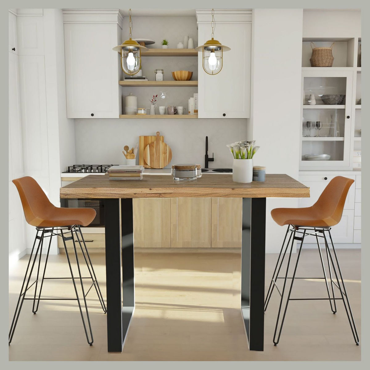 Table haute en chêne massif 140x80 cm finition huilée et pied métal ...