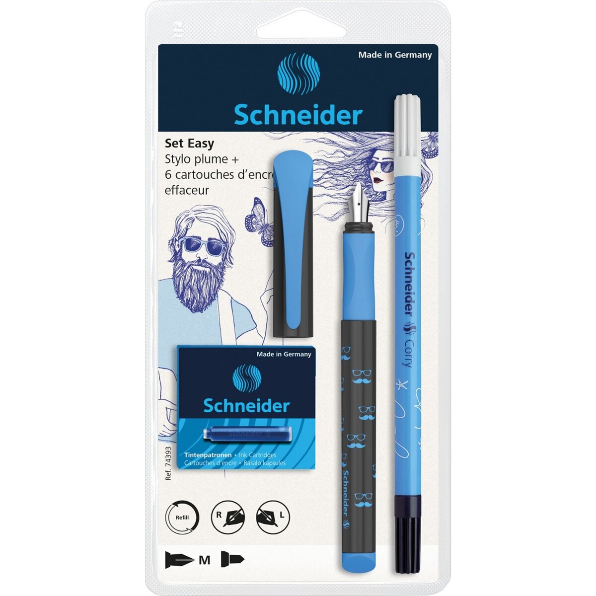 SCHNEIDER Stylo plume enfant Easy Bleu + 1 effaceur + 6 cartouches pas ...