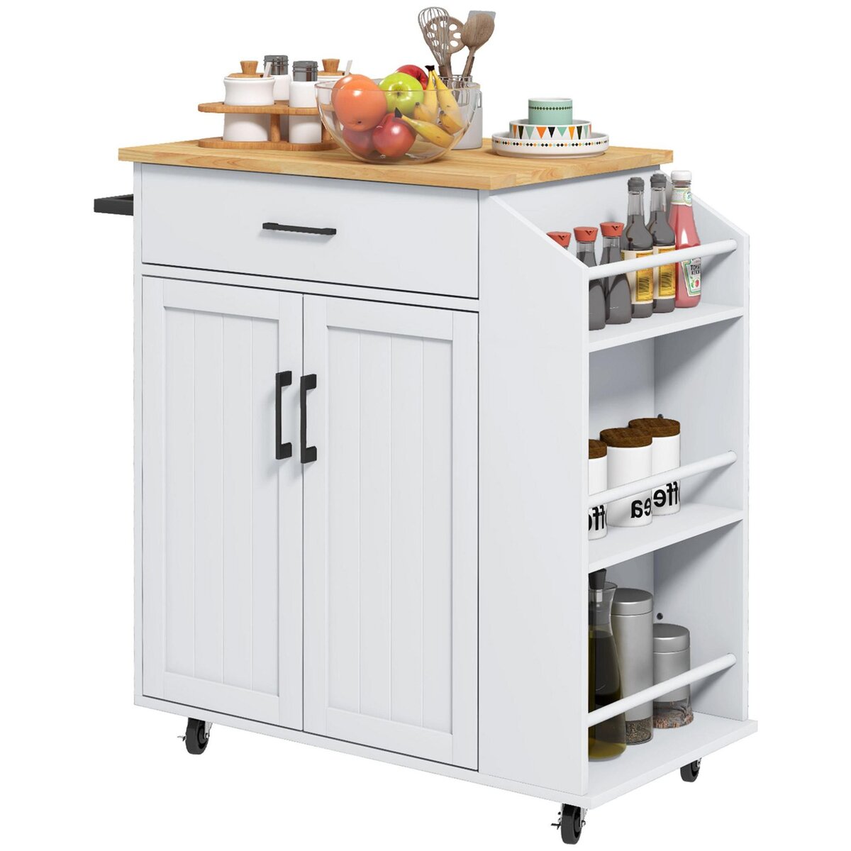 HOMCOM Desserte de cuisine 2 portes avec étagère tiroir 3 racks épices ...