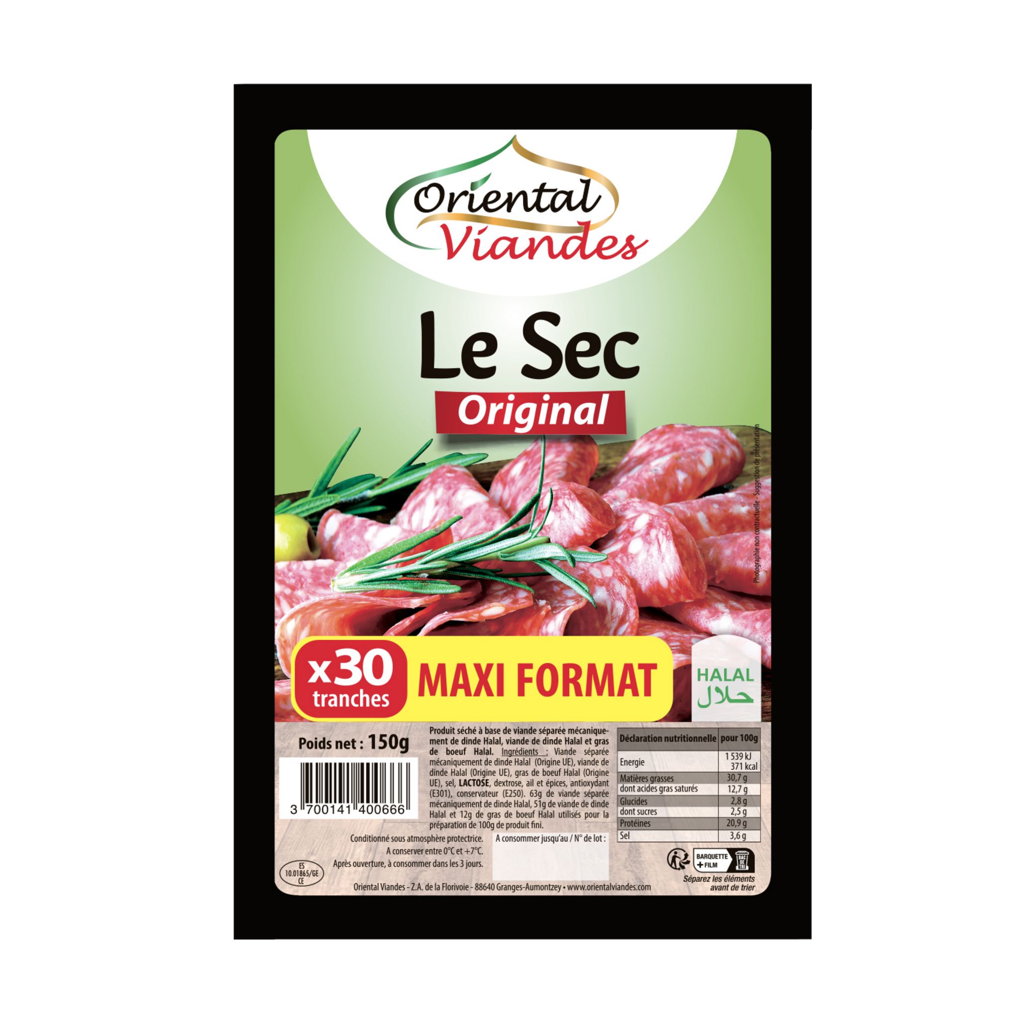 ORIENTAL VIANDES Saucisson sec de bœuf volaille halal 30 tranches 150g ...