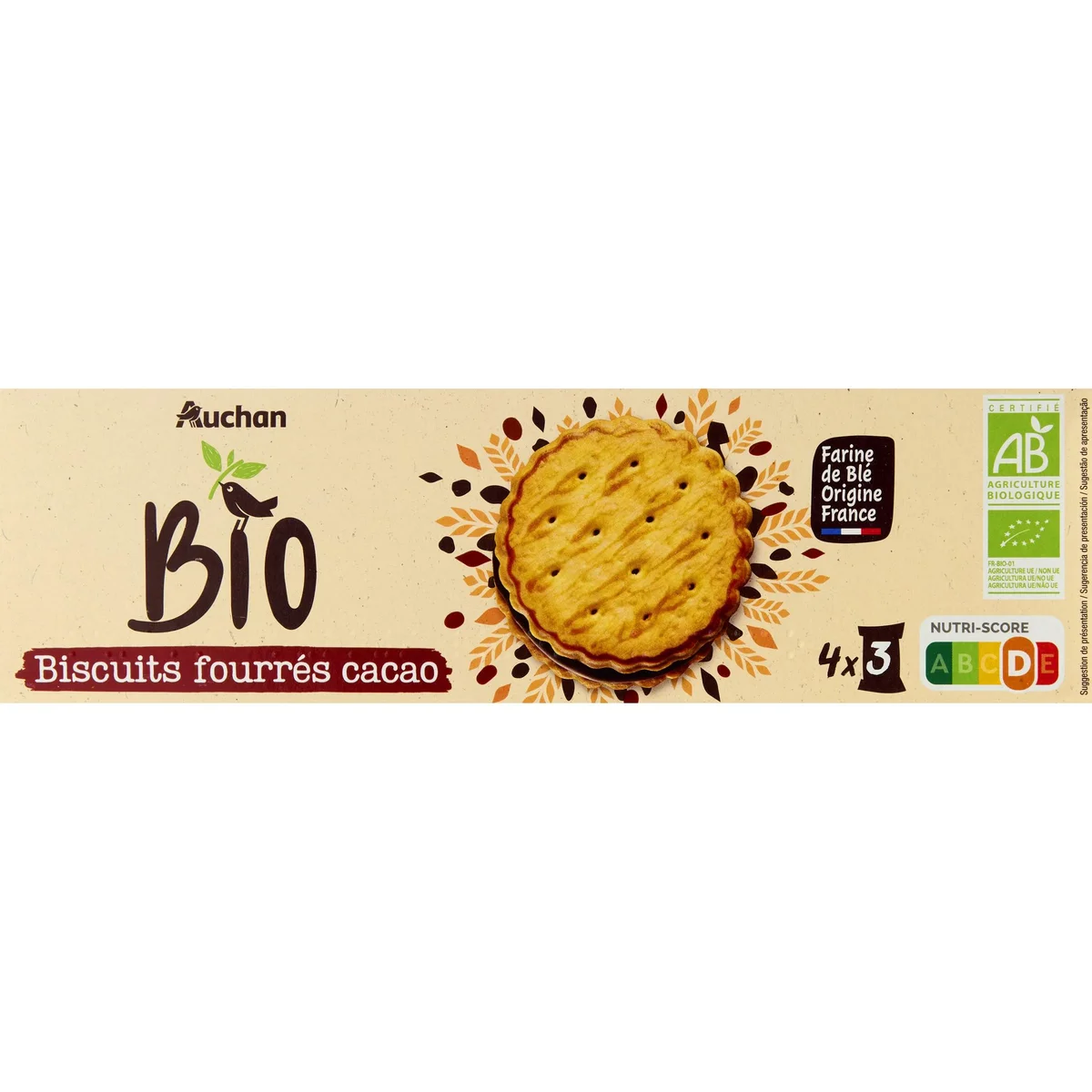 AUCHAN BIO Biscuits goûters fourrés au cacao, sachets fraîcheur 4x3 ...