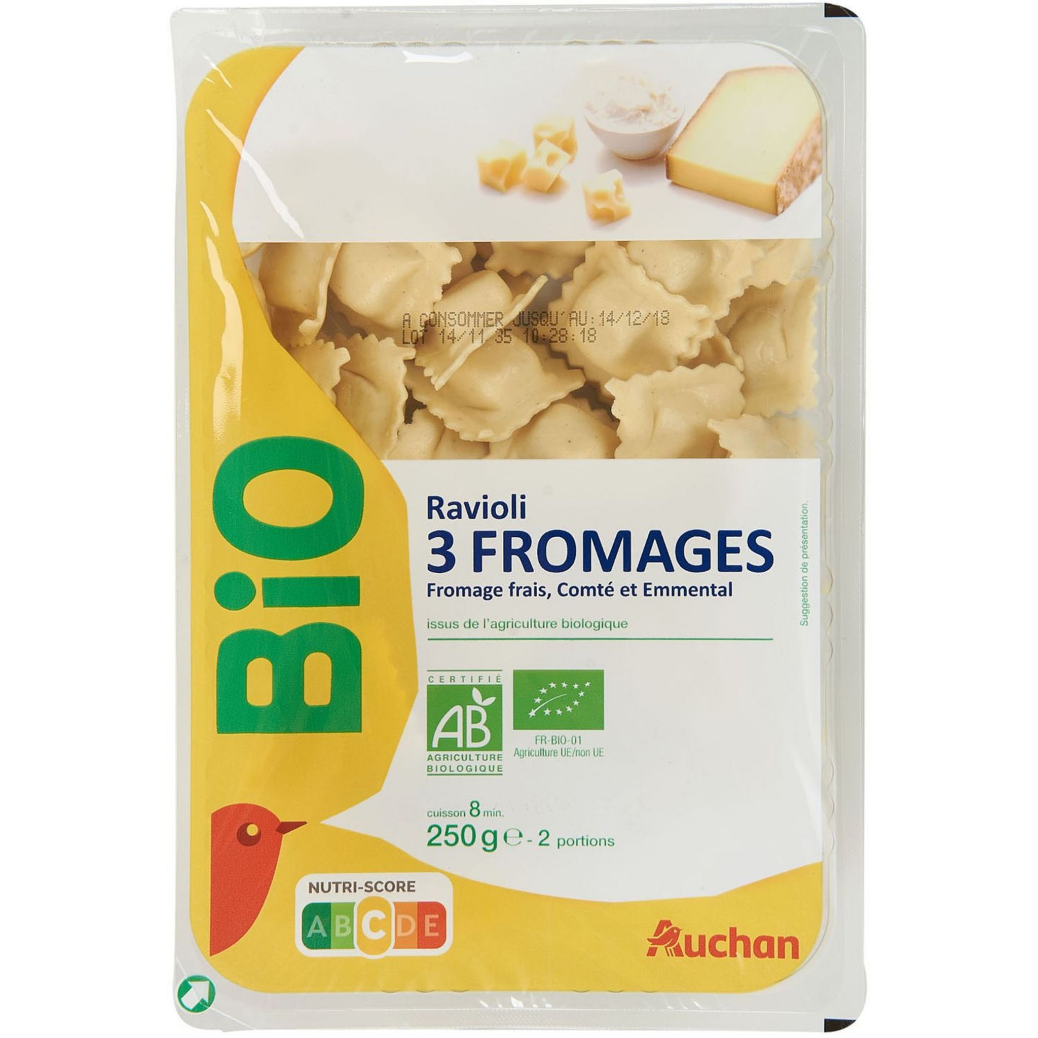 AUCHAN BIO Ravioli aux 3 fromages 2 parts 250g pas cher - Auchan.fr