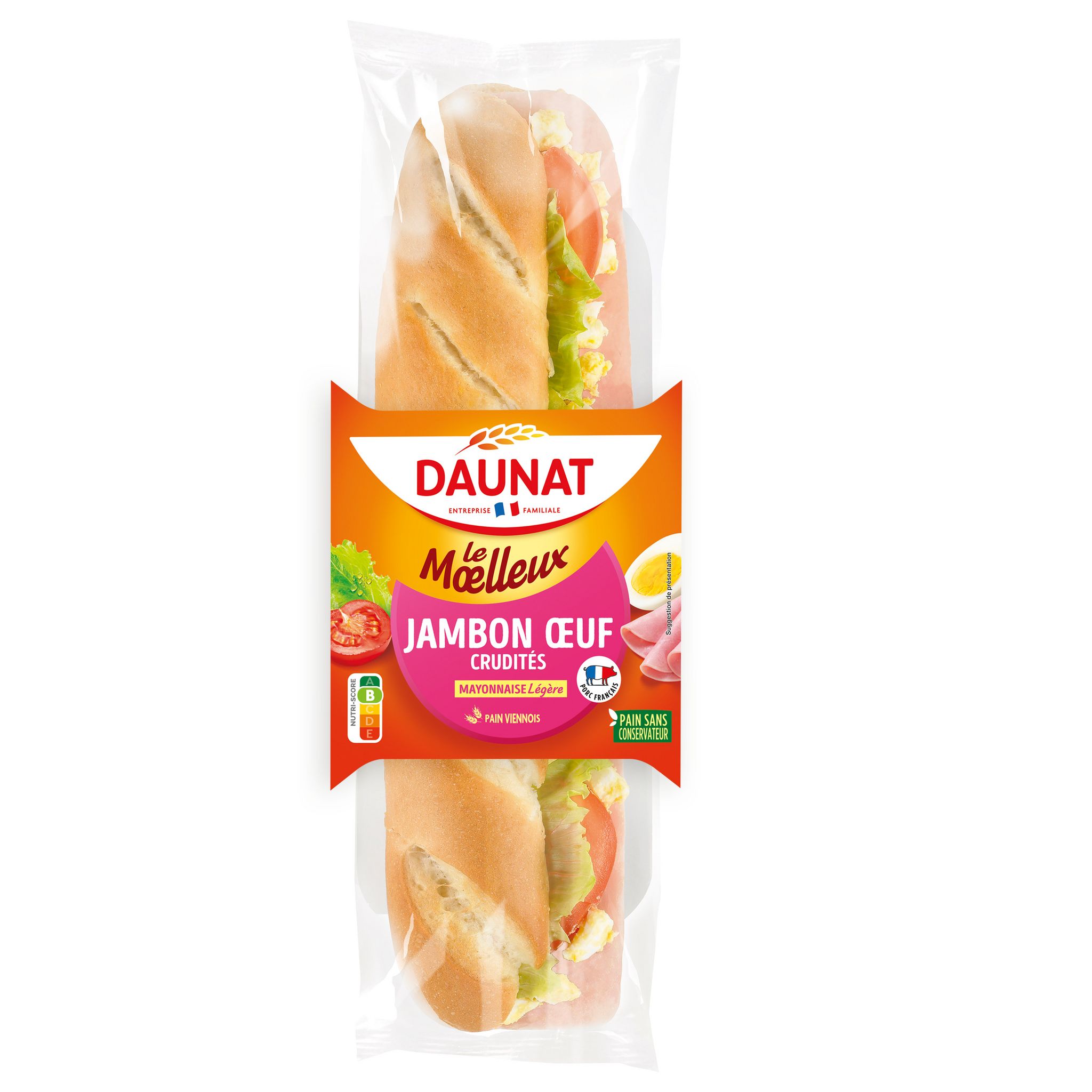 DAUNAT Le moelleux sandwich pain viennois jambon oeuf crudités 230g pas ...
