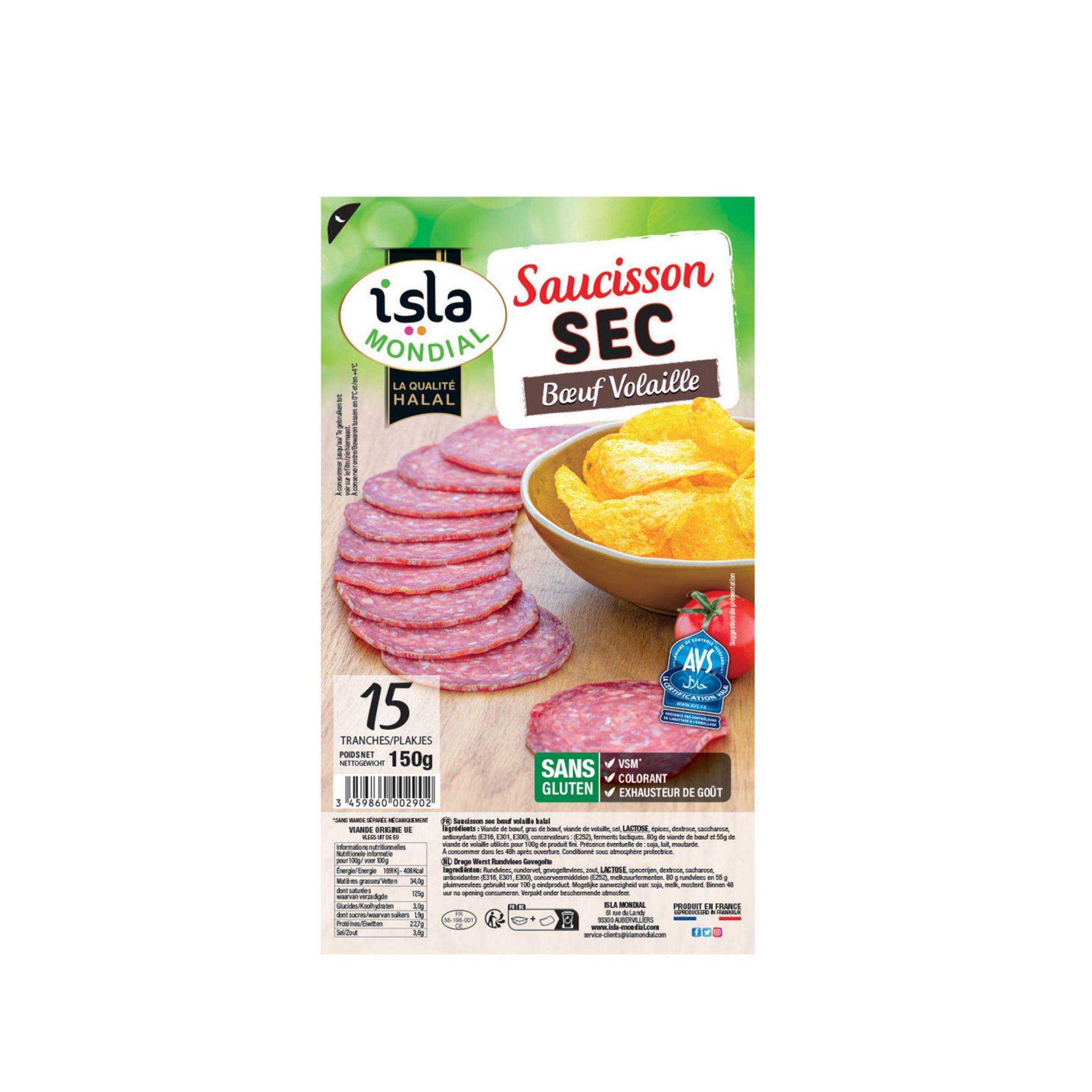 ISLA MONDIAL Saucisson sec de boeuf et volaille halal 15 tranches 150g ...