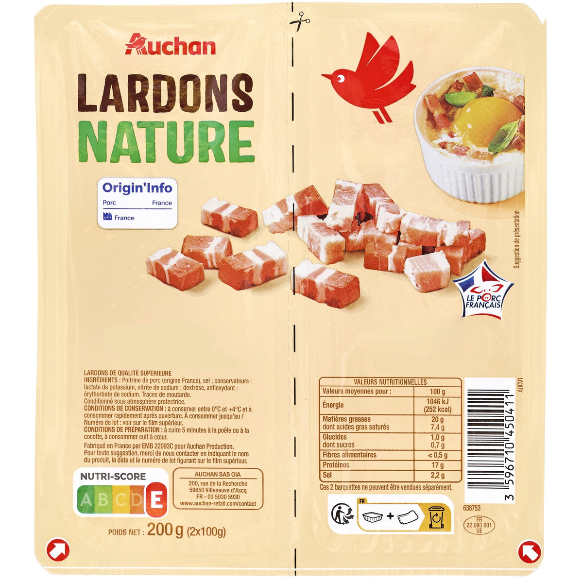 AUCHAN Lardons nature 2x100g pas cher - Auchan.fr