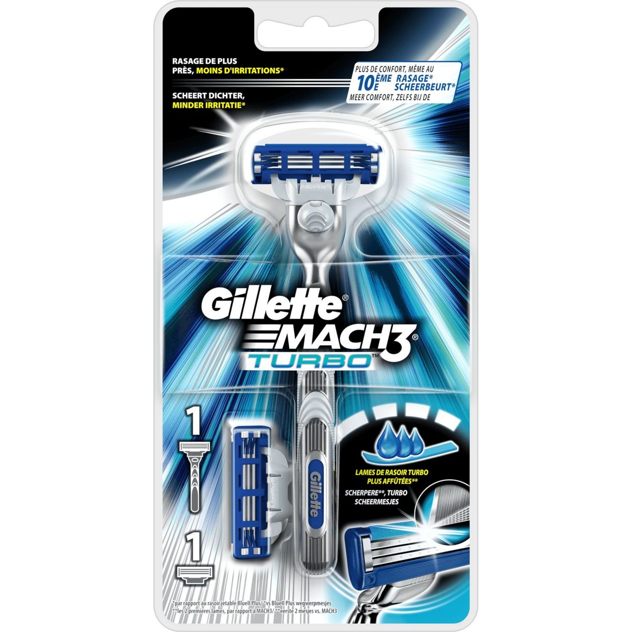 GILLETTE Mach3 Turbo Rasoirs 3 lames avec recharge 1 recharge 1 rasoir ...