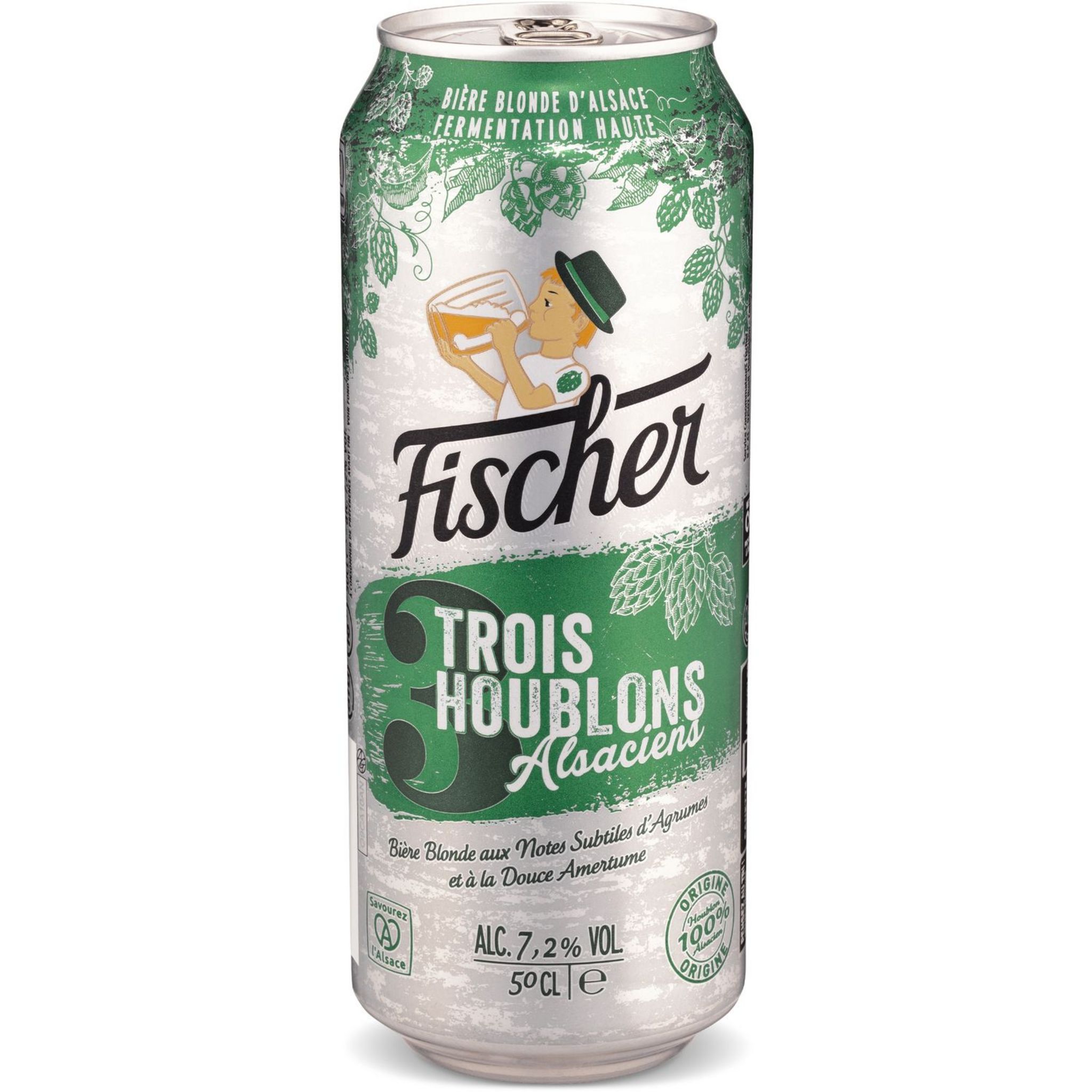 FISCHER Bière blonde aux 3 houblons alsacien 7,2% boîte 50cl pas cher ...