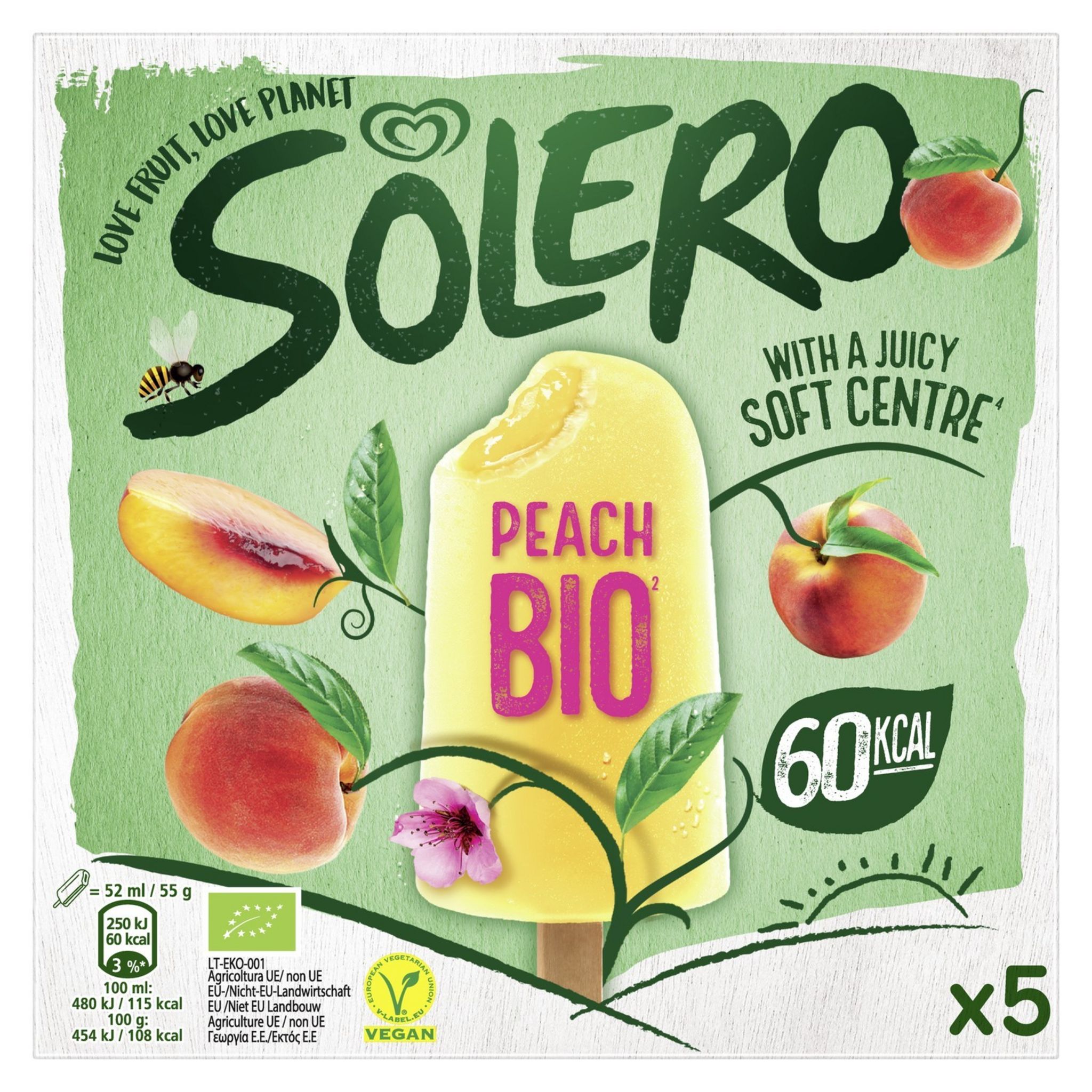 SOLERO Bâtonnet glacé jus de fruit pêche bio 4 pièces 275g pas cher ...