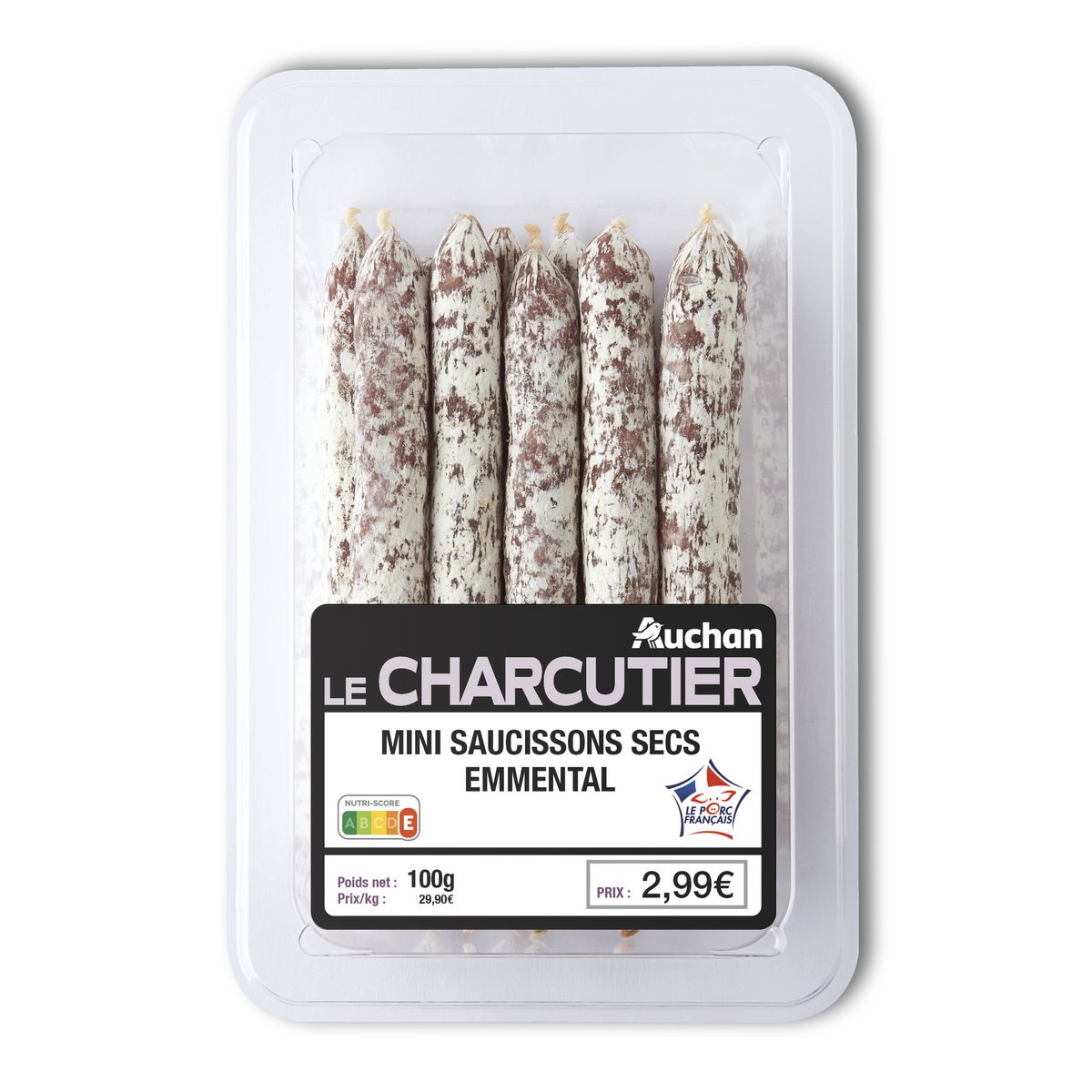 AUCHAN LE CHARCUTIER Mini saucissons secs à l'emmental 100g pas cher ...