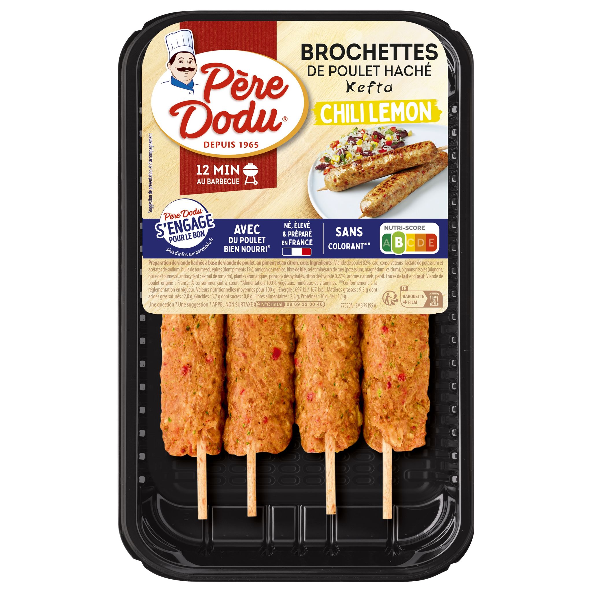 PERE DODU Brochette de poulet haché et kefta chili lemon 4 pièces 240g ...