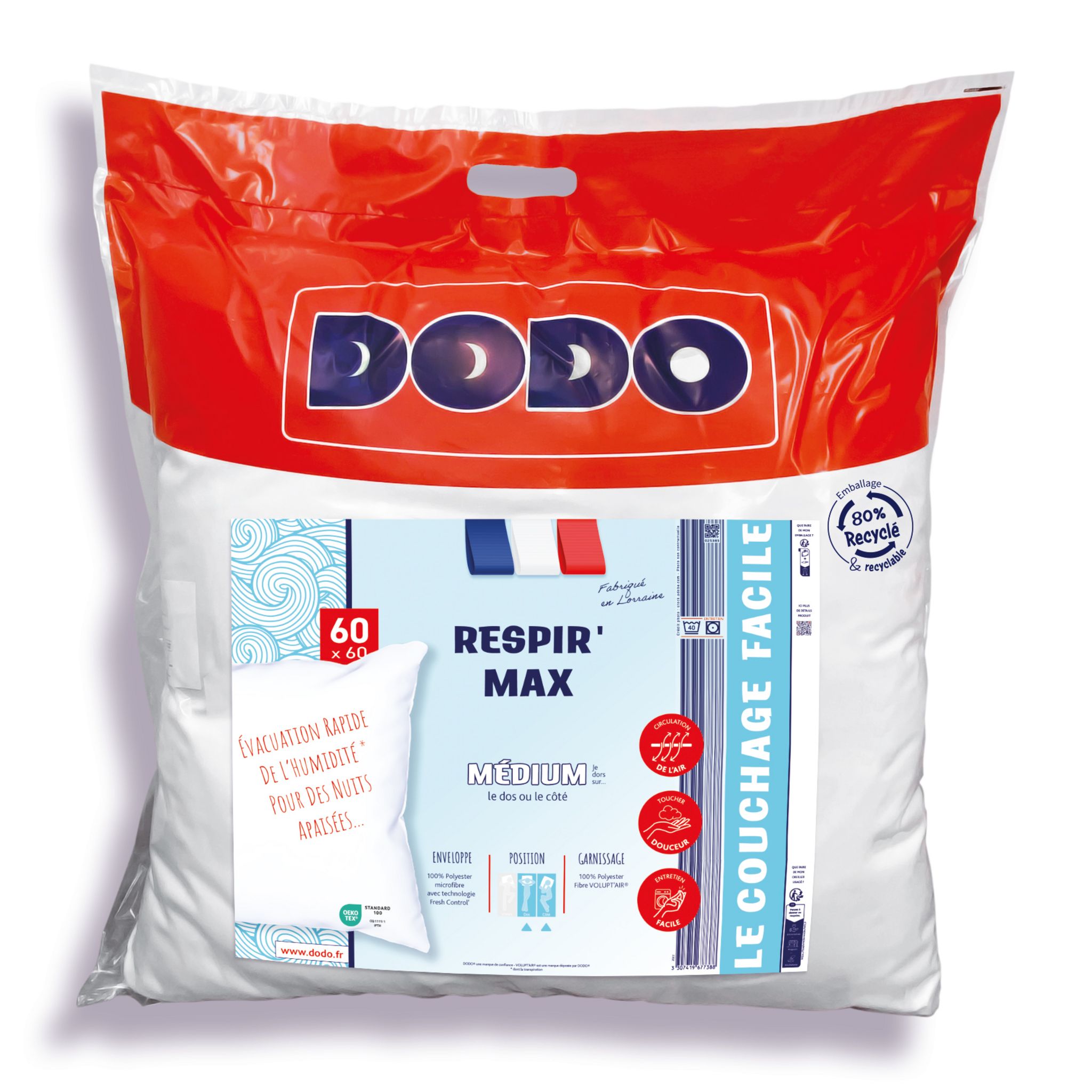 DODO Oreiller confort médium en microfibre fresh control RESPIR' MAX ...