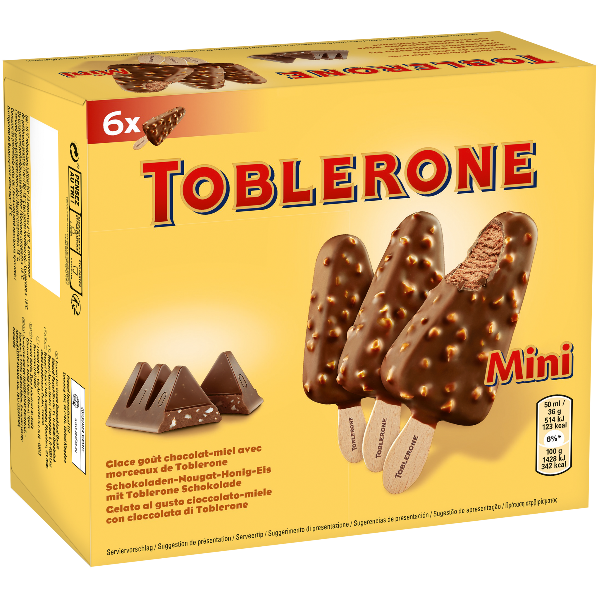 TOBLERONE Mini bâtonnet glacé au chocolat miel et toblerone 6 pièces ...