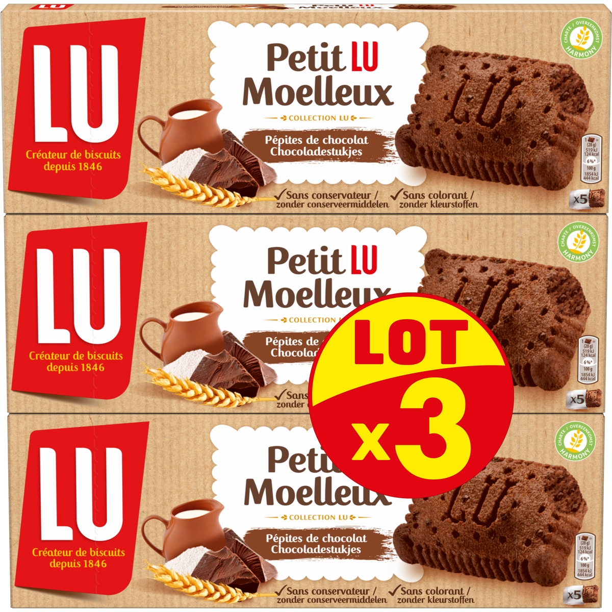 PETIT LU Moelleux chocolat et pépites de chocolat 3x140g pas cher ...