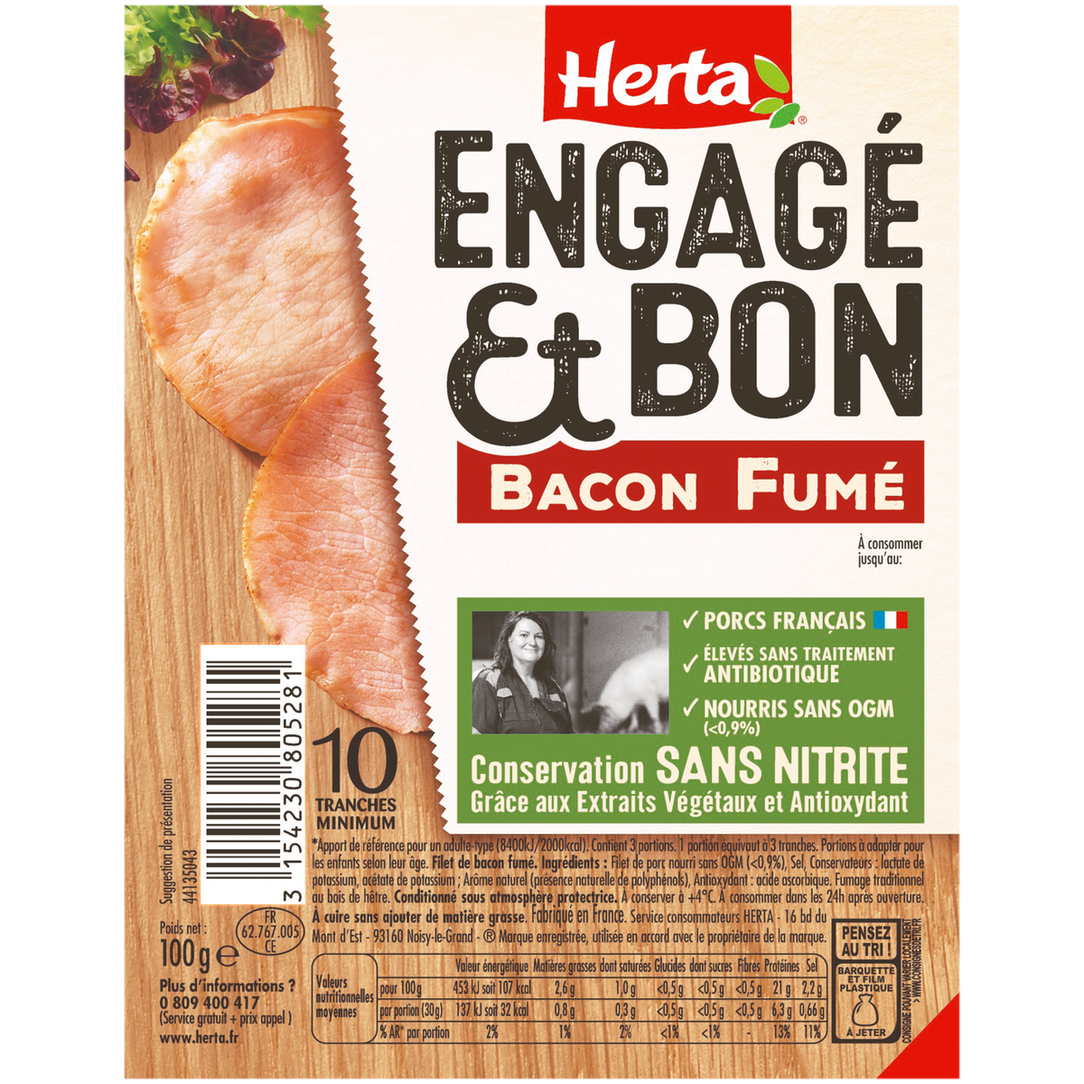 HERTA Engagé et Bon bacon fumé sans nitrite 10 tranches 100g pas cher ...