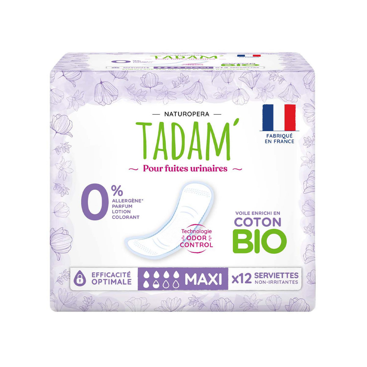 TADAM Serviettes maxi pour fuites urinaires coton bio 12 serviettes pas ...
