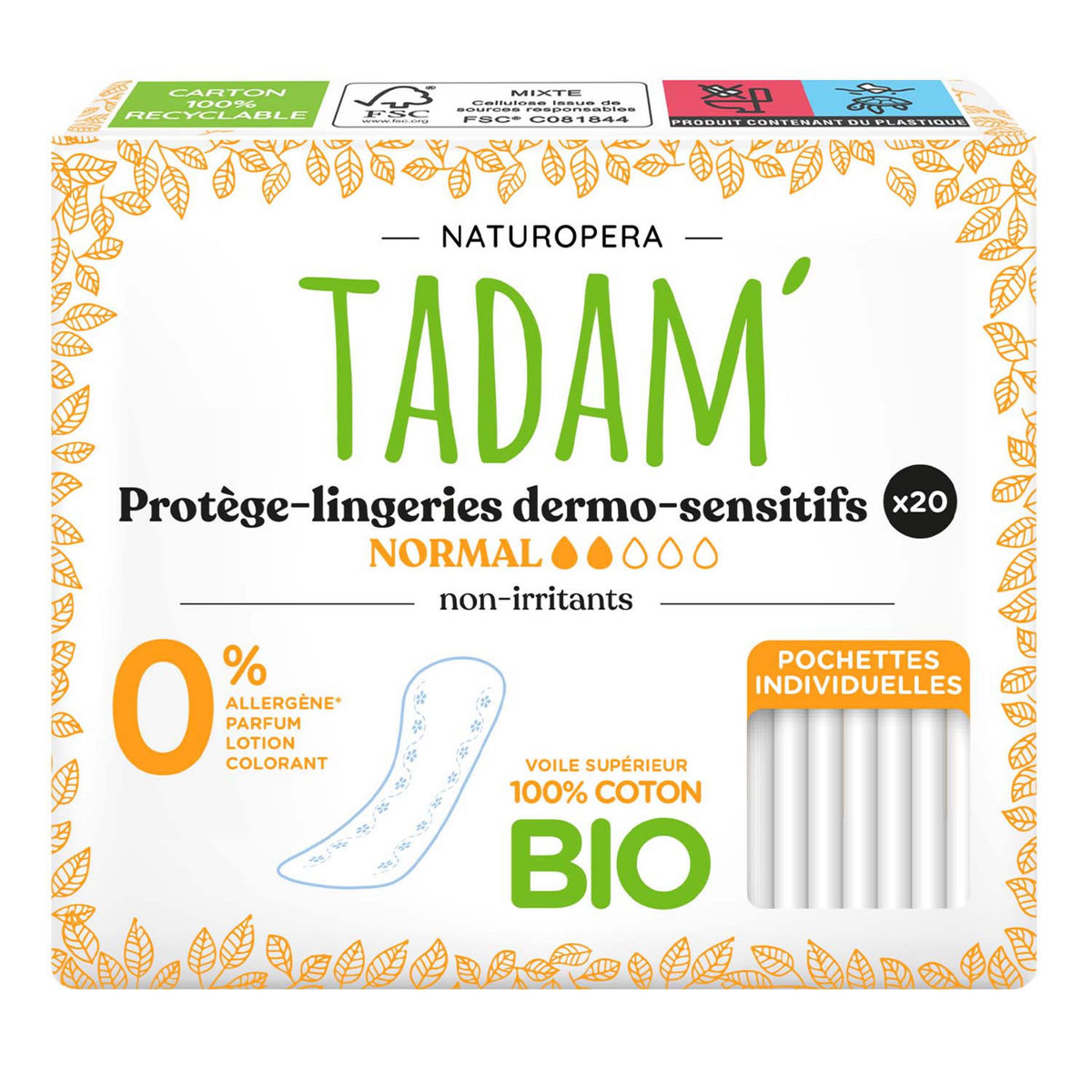 TADAM Protège-lingeries dermo-sensitifs 100% coton bio normal 20 pièces ...