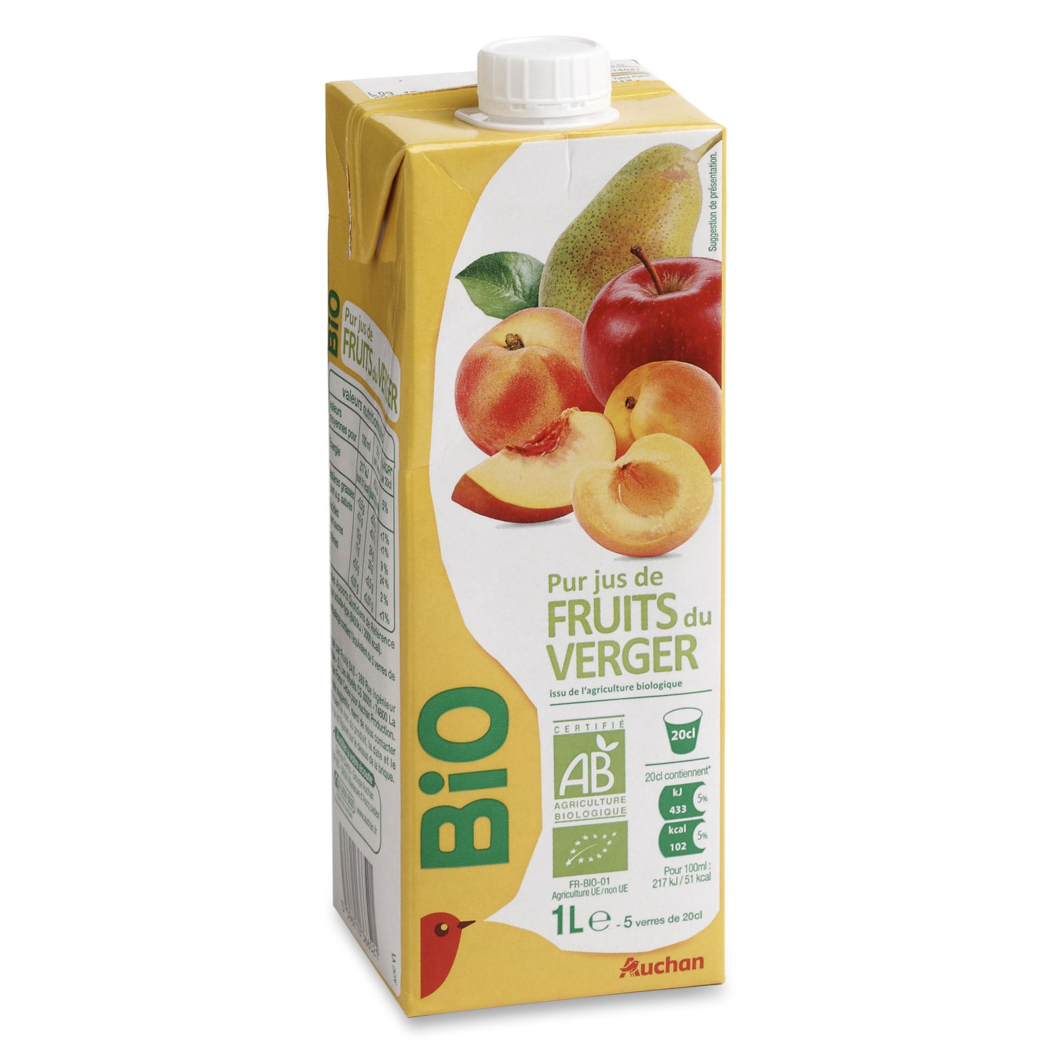 AUCHAN BIO Auchan bio Pur jus de fruits du verger brique 1l 1l pas cher ...