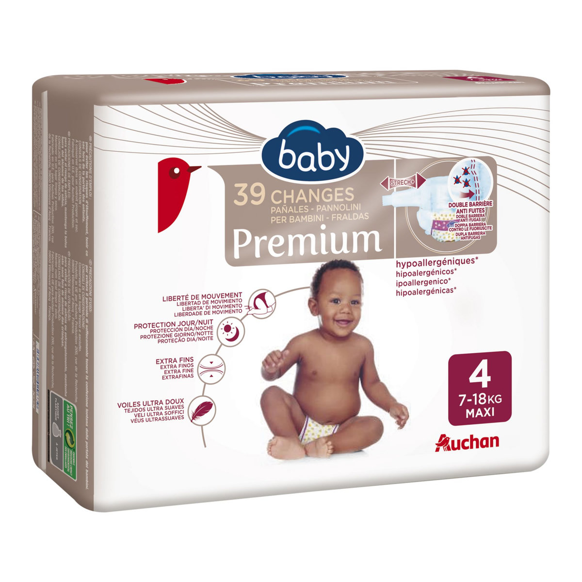 AUCHAN BABY Premium couches taille 4 (7-18kg) 39 couches pas cher ...