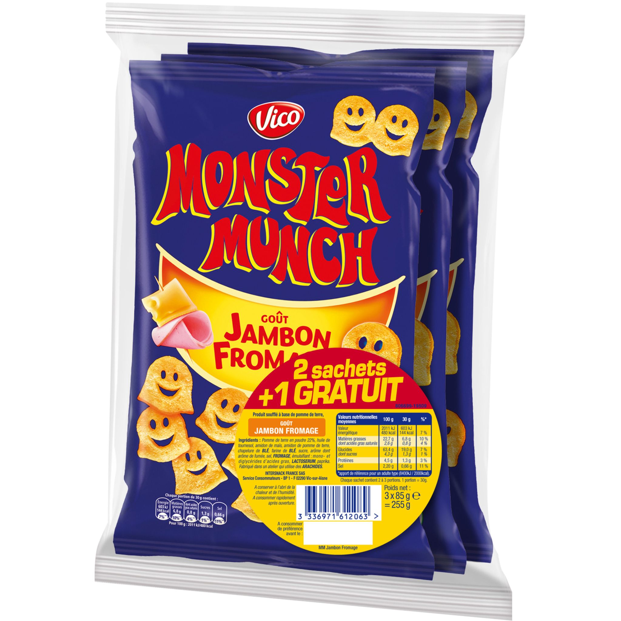 MONSTER MUNCH Monster Munch jambon fromage 2x85g +1offert pas cher ...