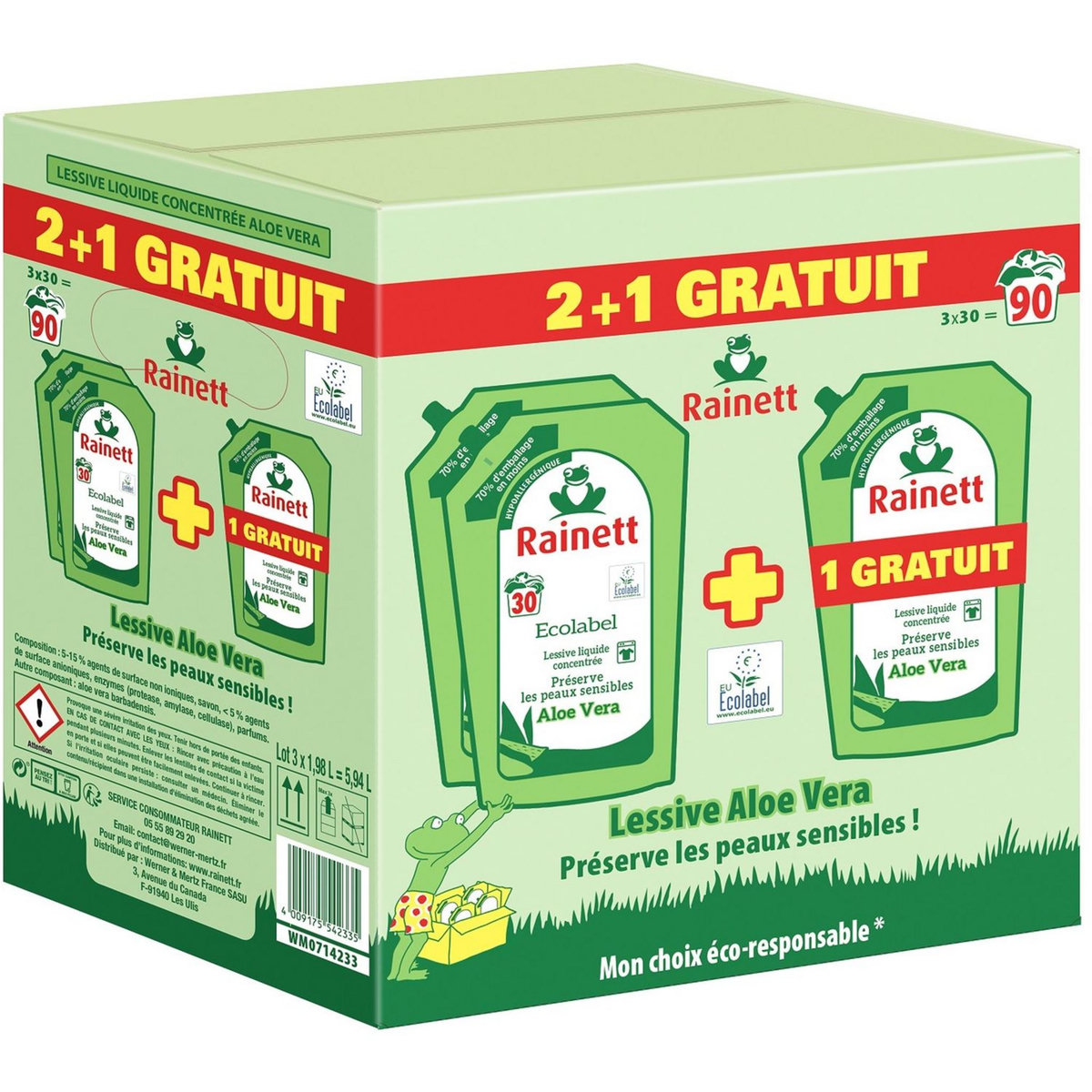 RAINETT Rainett lessive sensitive aloe vera 2x1,98l +1offert pas cher ...