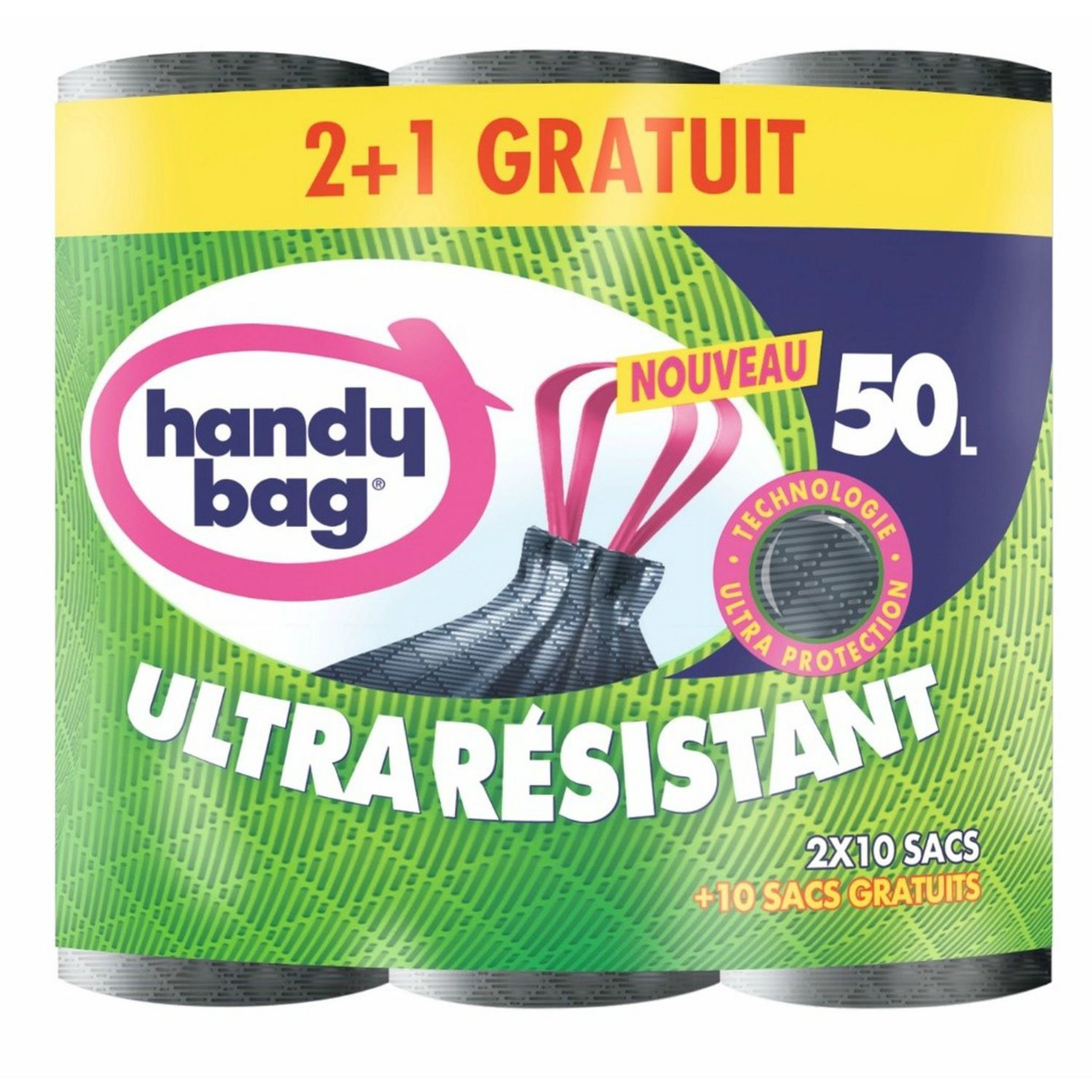 HANDY BAG Handy Bag sacs poubelle poignées 10x50l x2 +1offert pas cher ...