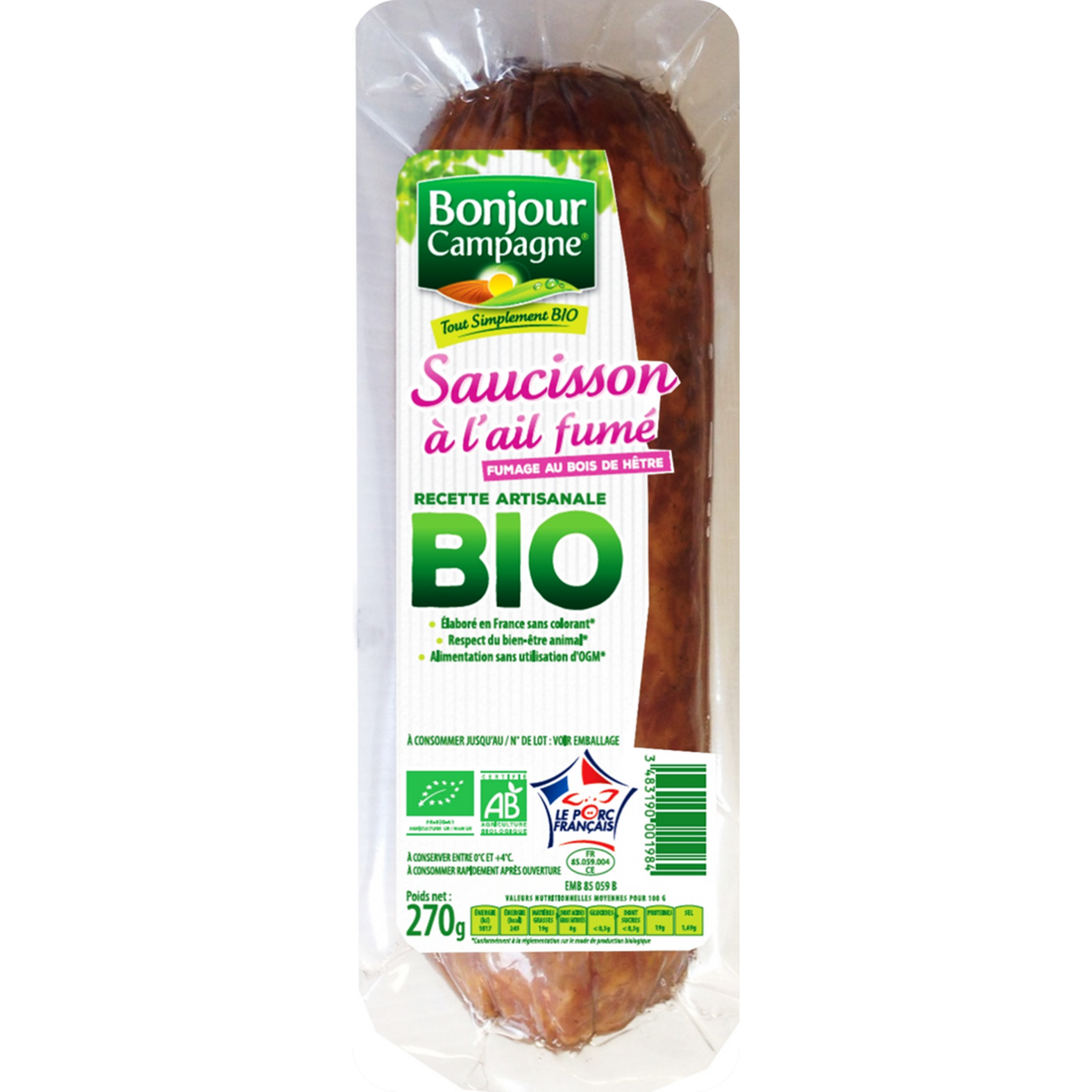 BONJOUR CAMPAGNE Bonjour Campagne saucisson à l'ail fumé bio 270g pas ...