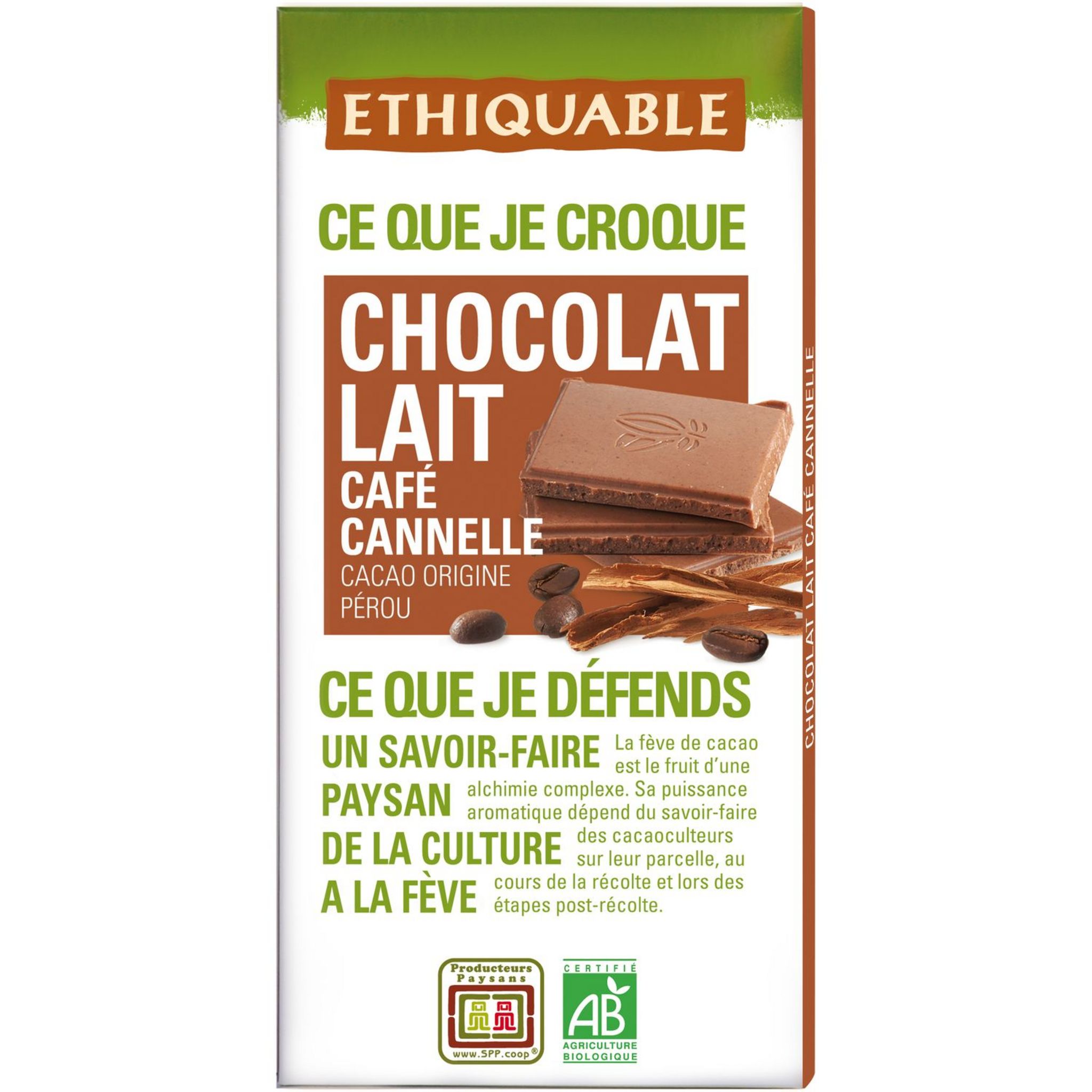 ETHIQUABLE Ethiquable chocolat au lait café cannelle bio 100g pas cher - Auchan.fr