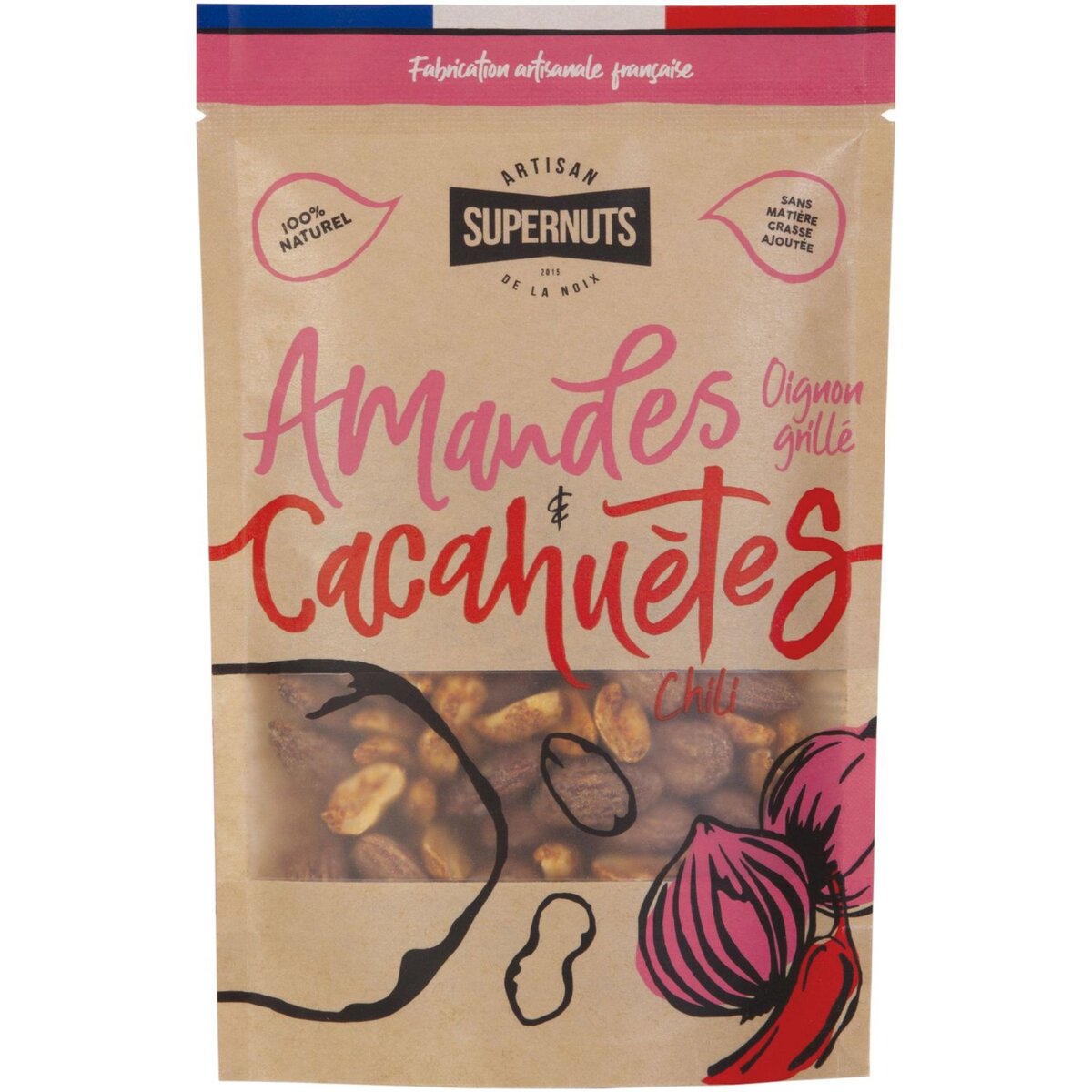 SUPERNUTS Amandes et cacahuètes, oignon grillé au chili 100% naturel ...
