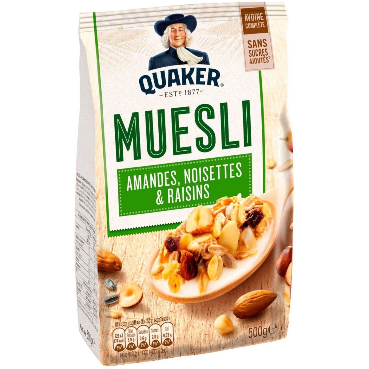 QUAKER Muesli amandes, noisettes et raisins sans sucres ajoutés 500g ...
