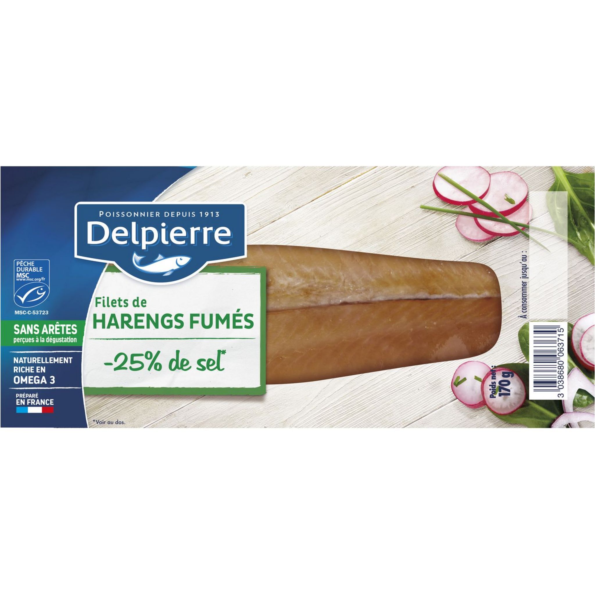 DELPIERRE Filet de hareng fumé MSC sans arrêtes allégé en sel -25% 170g ...