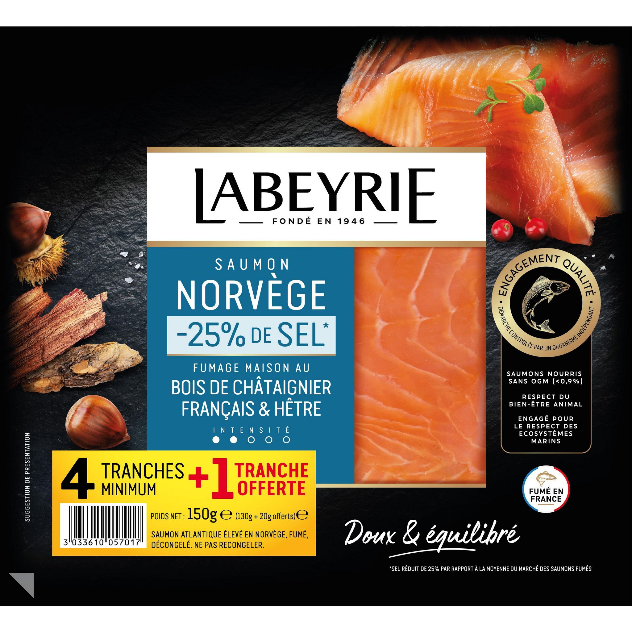LABEYRIE Saumon fumé de Norvège sel réduit 4 tranches + 1 offerte 150g ...
