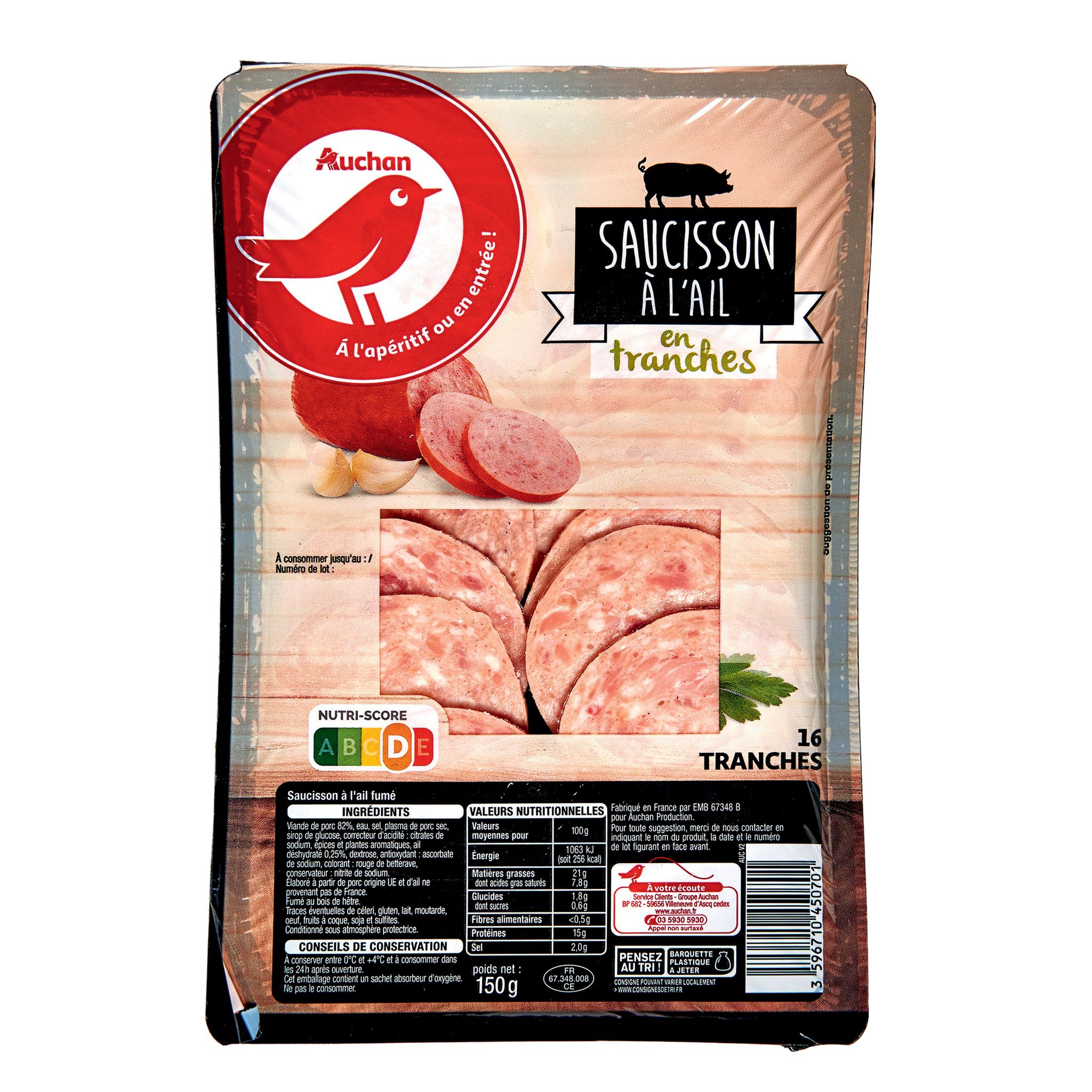 AUCHAN Saucisson à l'ail en tranches 16 tranches 150g pas cher - Auchan.fr