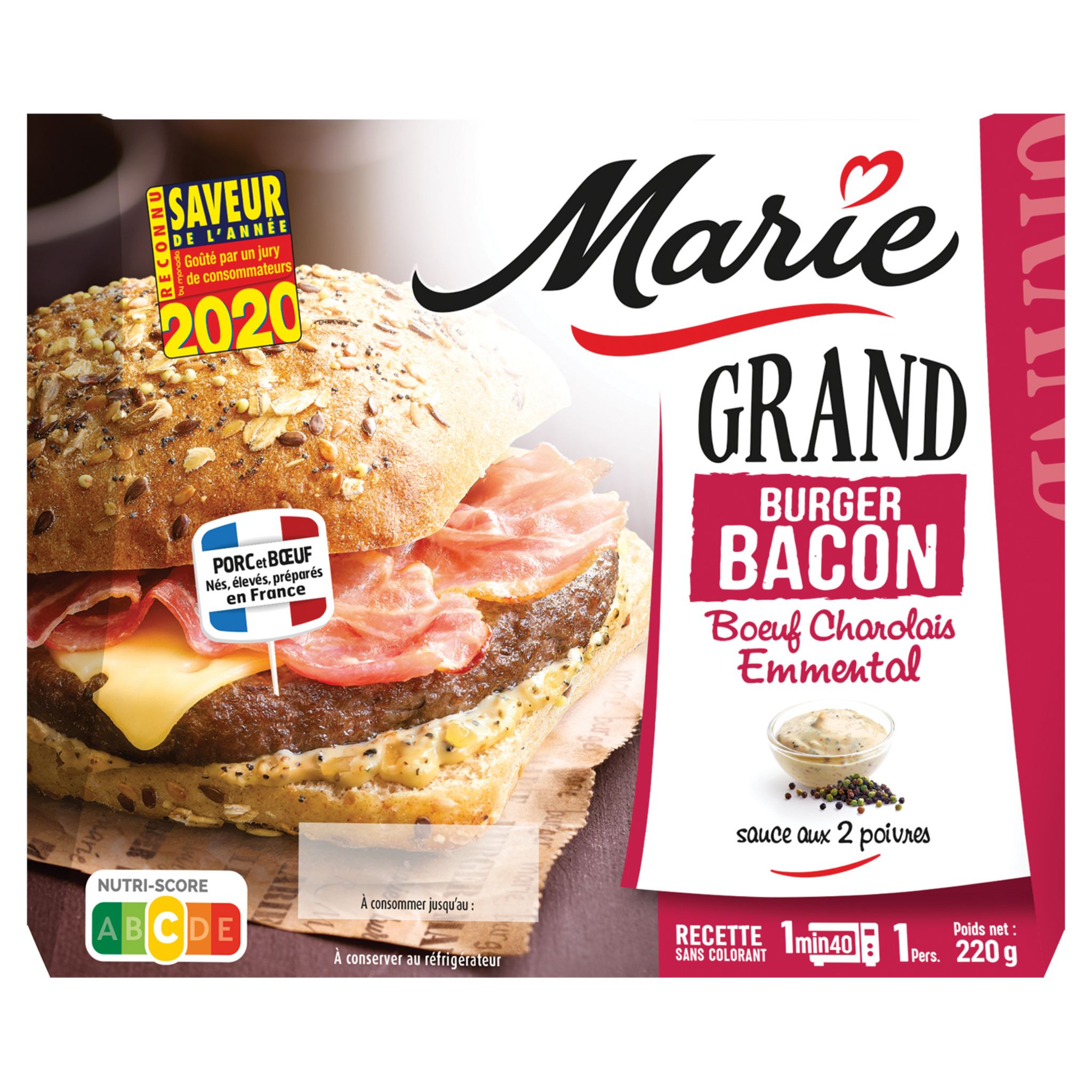MARIE Grand burger bacon bœuf charolais emmental sauce aux 2 poivres 1 ...