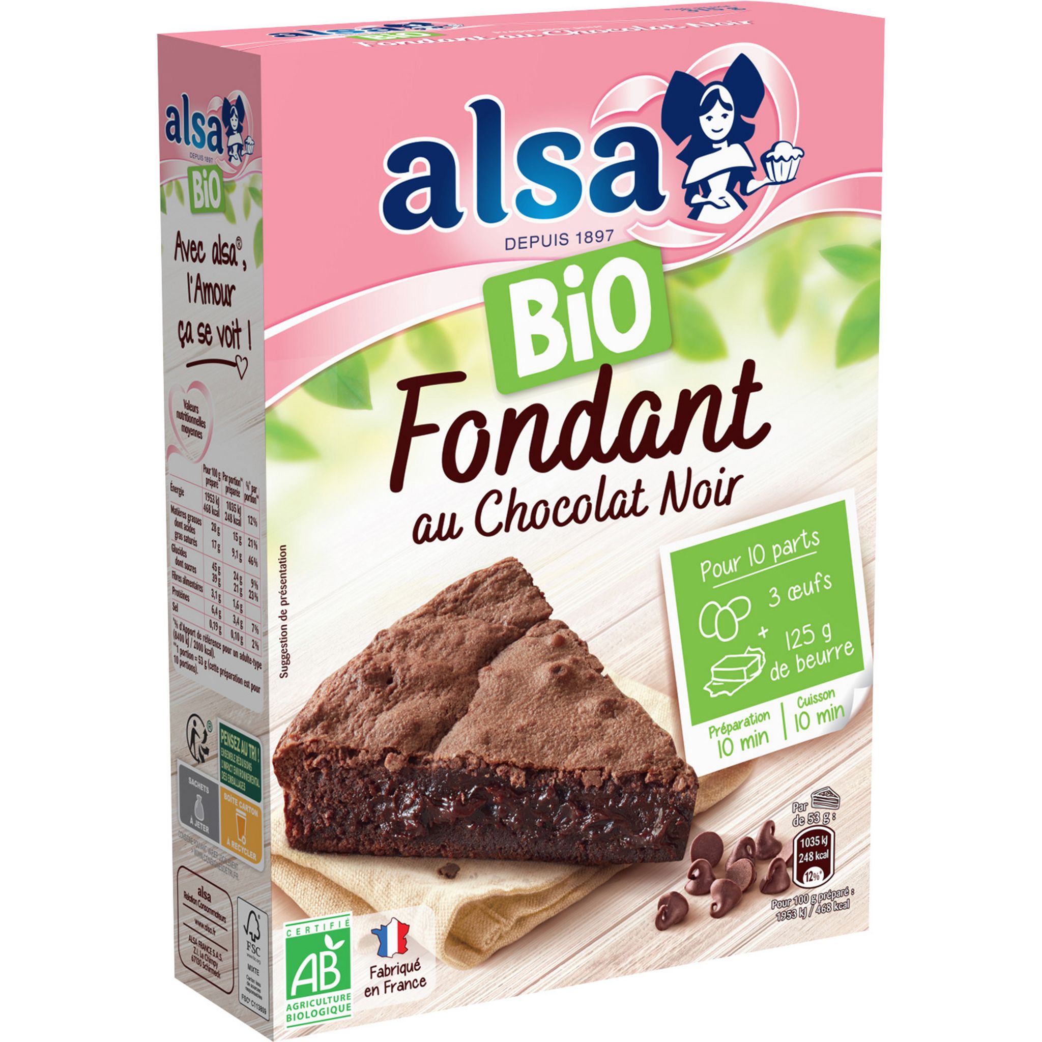 ALSA Préparation pour fondant chocolat bio 10 parts 315g pas cher ...