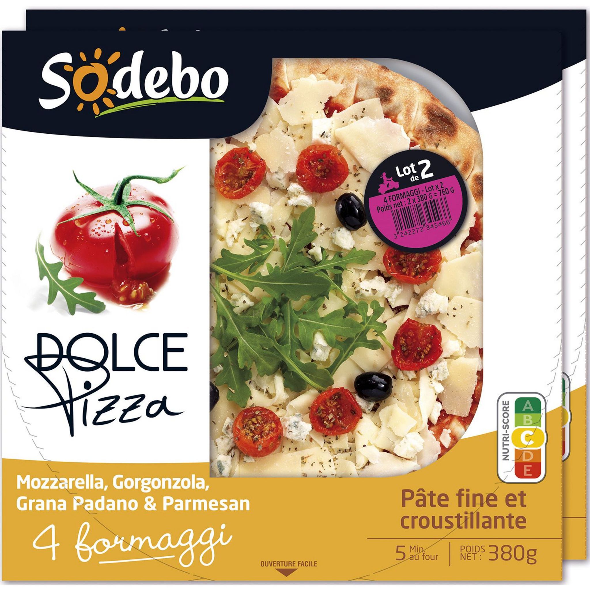 SODEBO Dolce Pizza 4 fromages pate fine et croustillante 2x380g pas ...