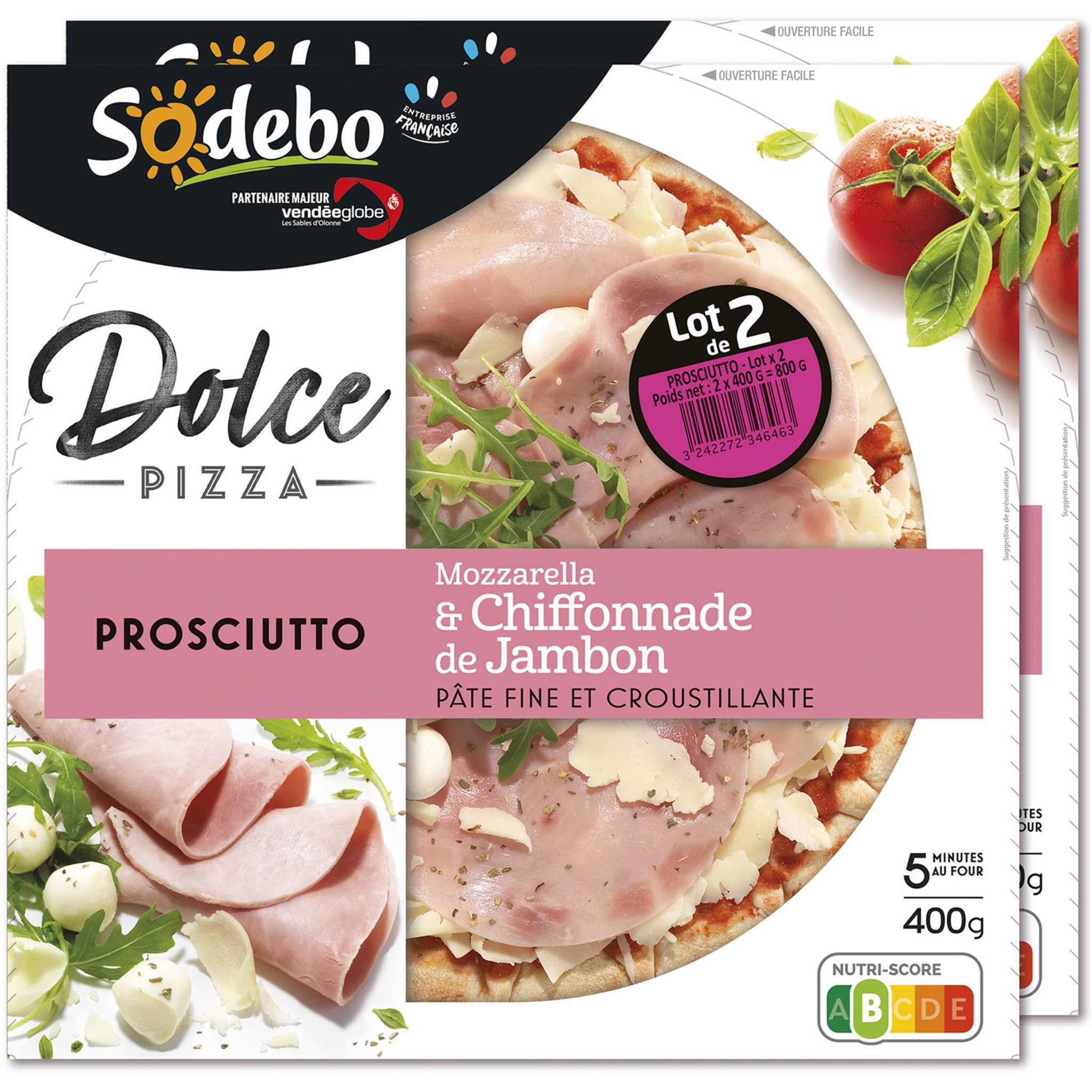 SODEBO Dolce Pizza mozzarella et chiffonnade de jambon pate fine 2X400g ...