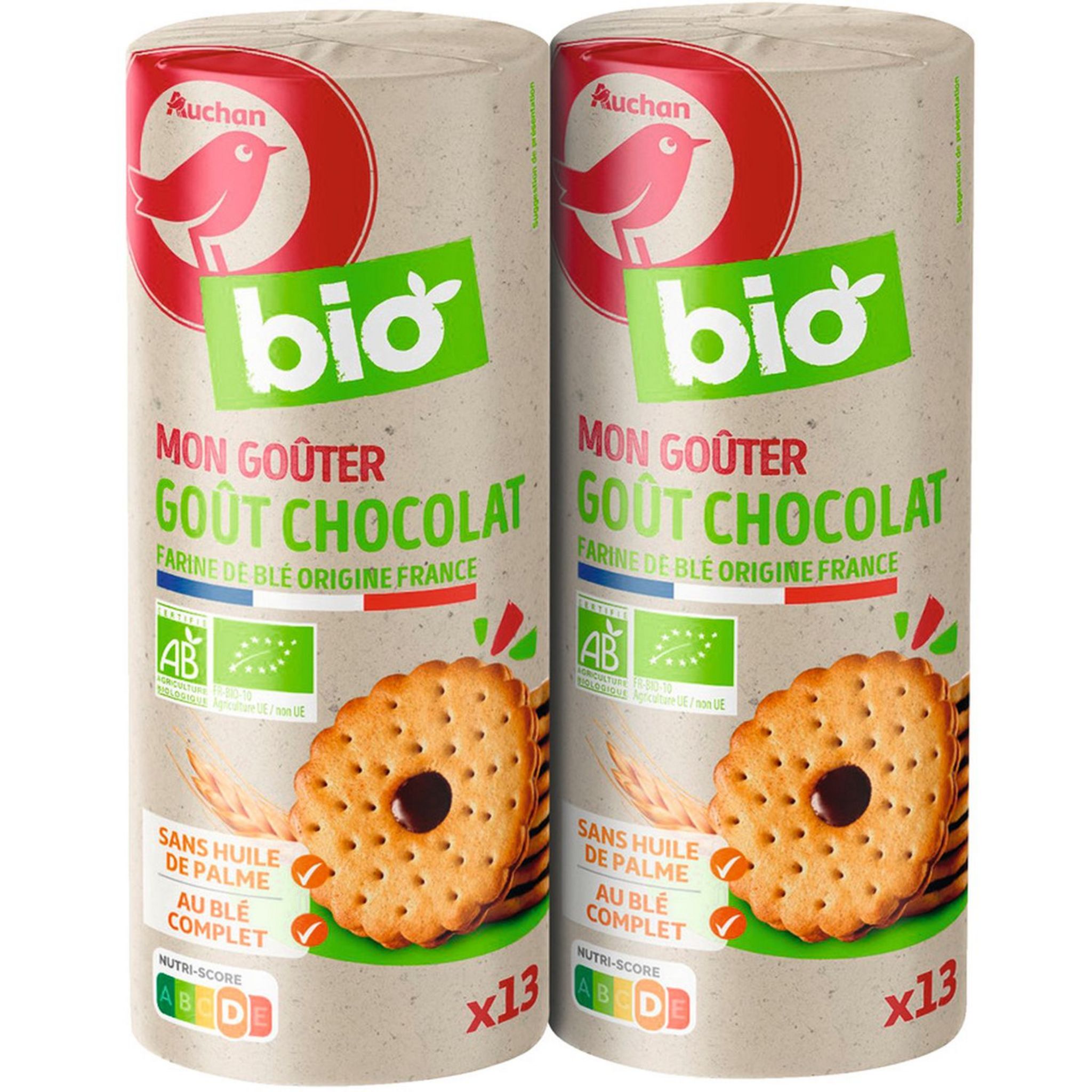 AUCHAN BIO Biscuits fourrés goût chocolat issus de l'agriculture ...