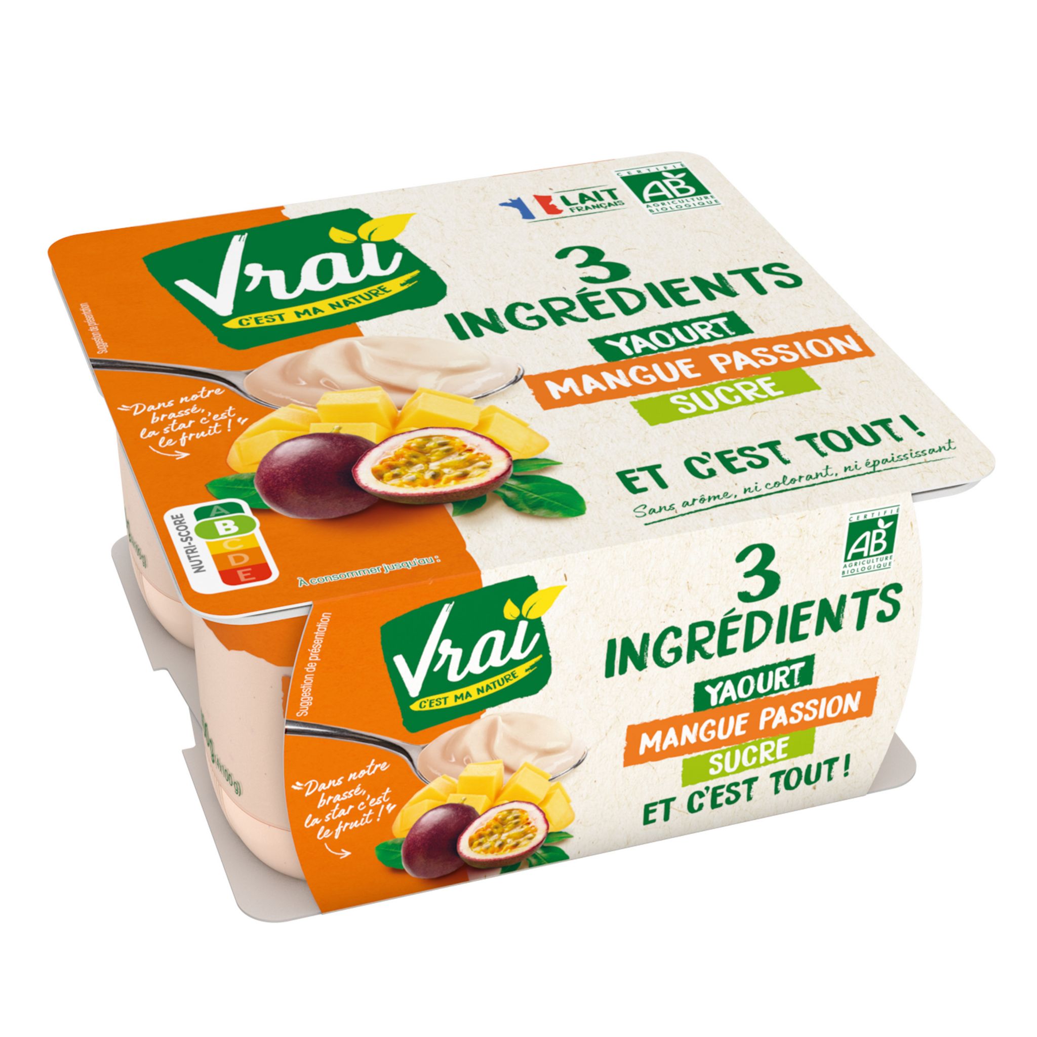 VRAI Yaourt saveur mangue passion sucre 4x100g pas cher - Auchan.fr