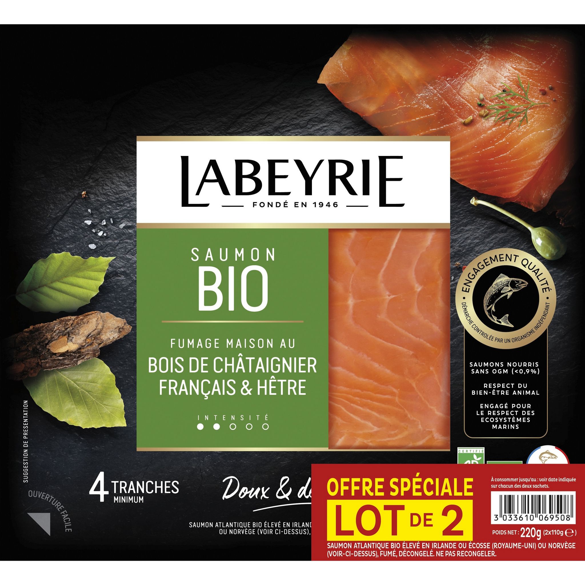 LABEYRIE Saumon fumé bio équilibré 2x4 tranches 2x110g pas cher - Auchan.fr