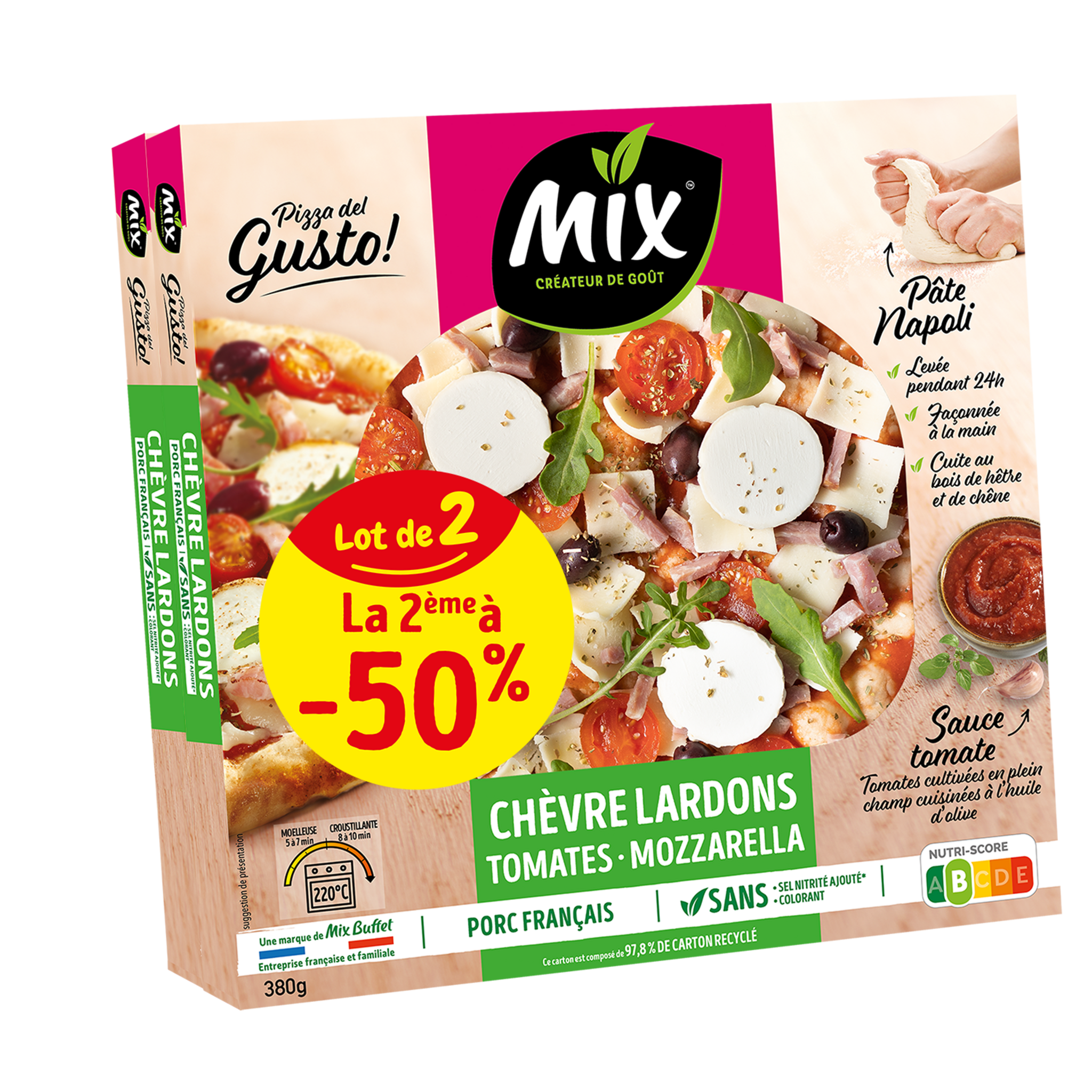 MIX BUFFET Pizza chèvre et lardons 2ème à -50% 2x380g pas cher - Auchan.fr