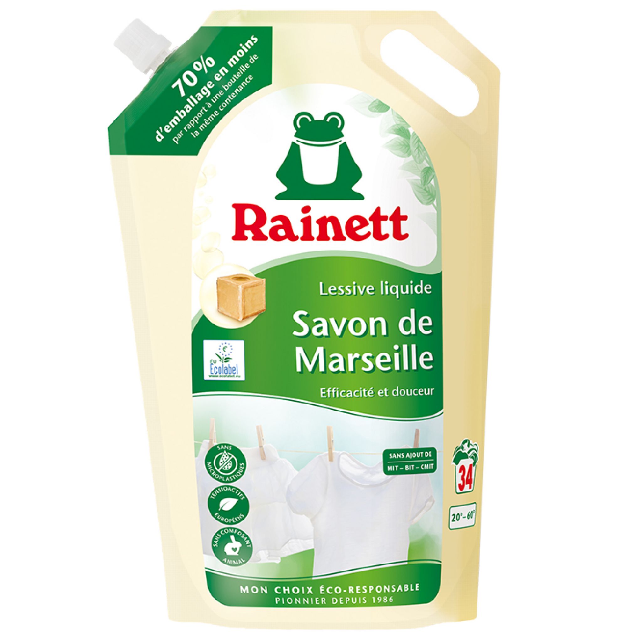 RAINETT Lessive liquide savon de marseille 34 lavages 1.7L pas cher ...