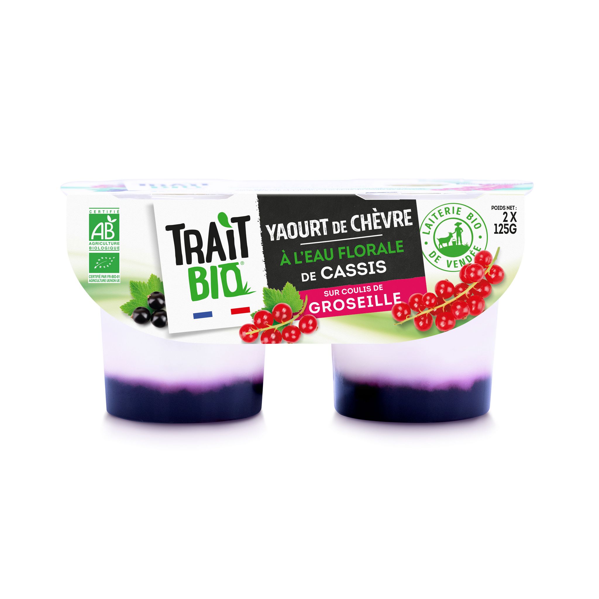 TRAIT BIO Yaourt de chèvre à l'eau florale sur lit de groseille 2x125g ...