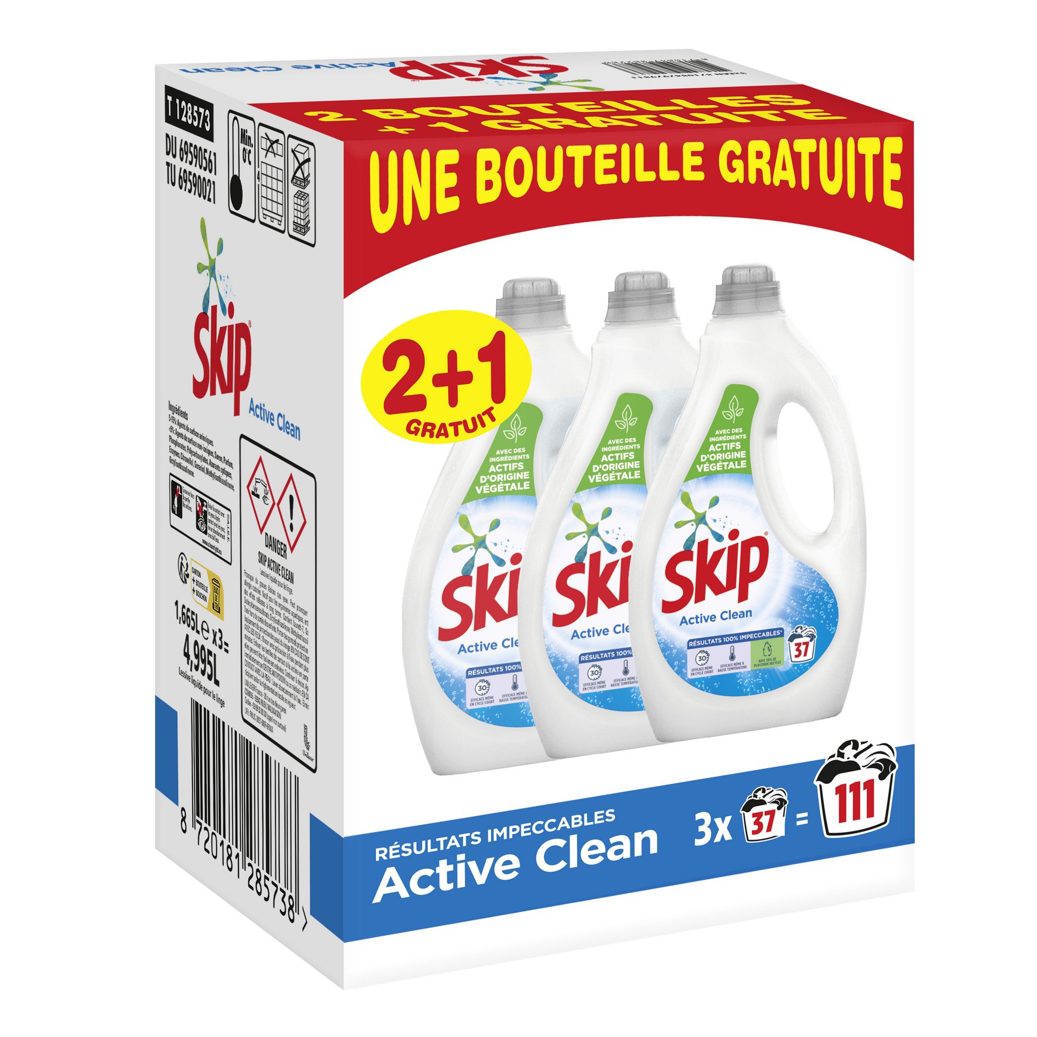 SKIP Lessives liquides Active Clean 3x37 lavages 3x1.665l pas cher ...