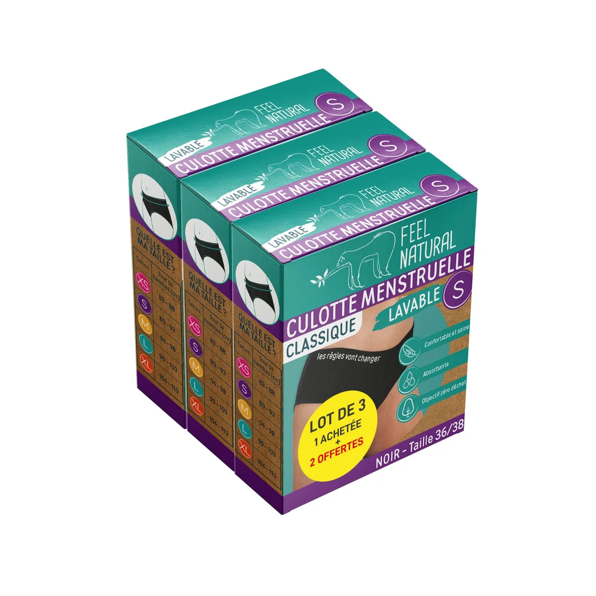 FEEL NATURAL Culotte menstruelle classique lavable noire taille 36/38 3 ...