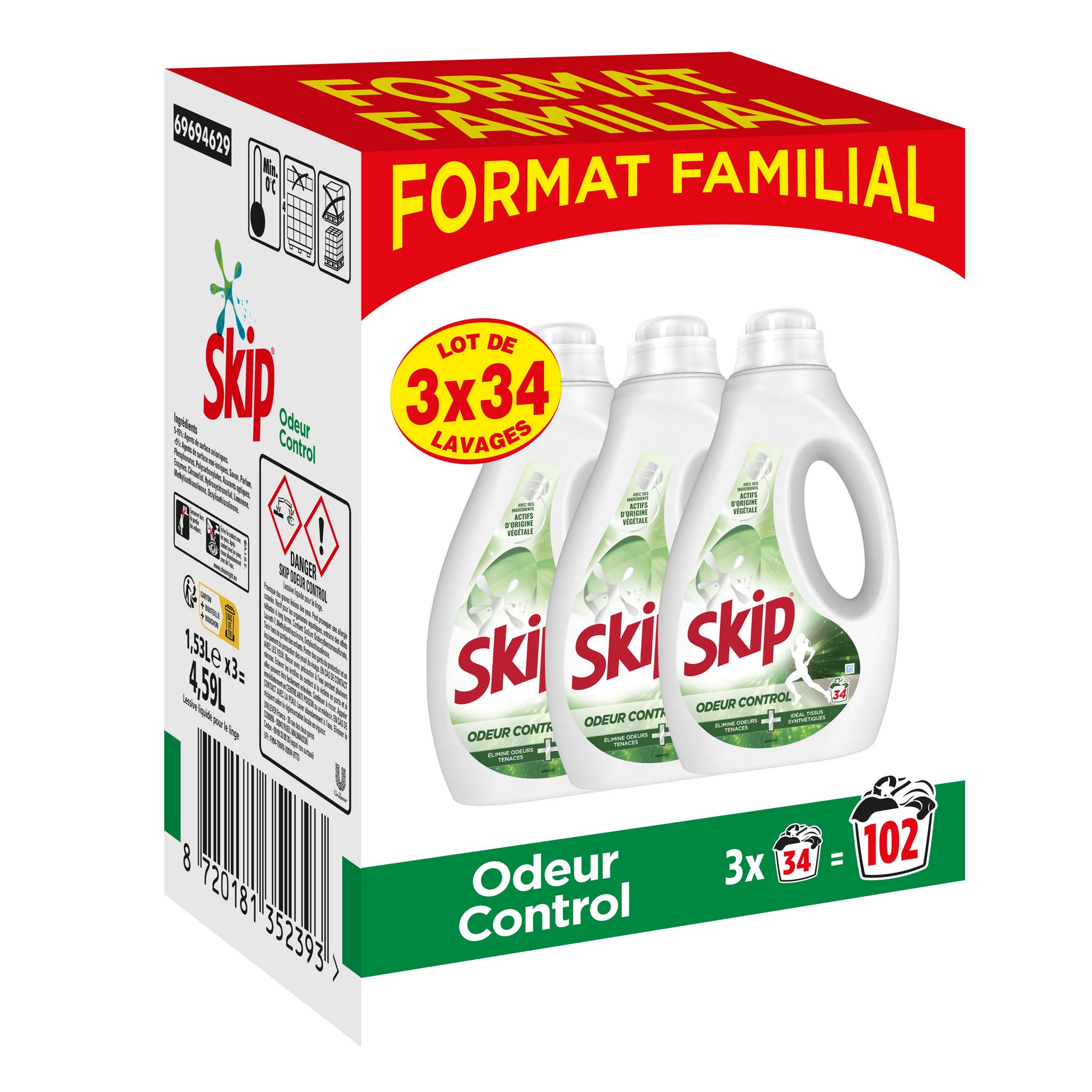SKIP Lessives liquides Odeur Control 102 lavages 3x4.59l pas cher ...