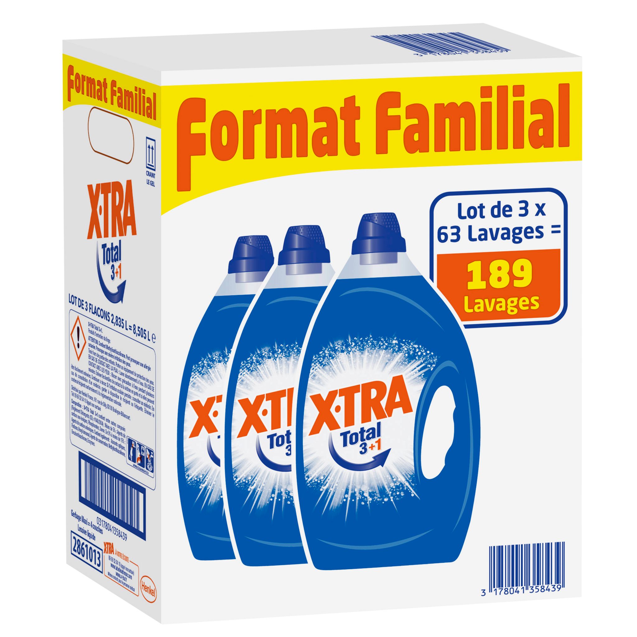 X-TRA Lessive liquide Total 3+1 189 lavages 3x2,835l pas cher - Auchan.fr