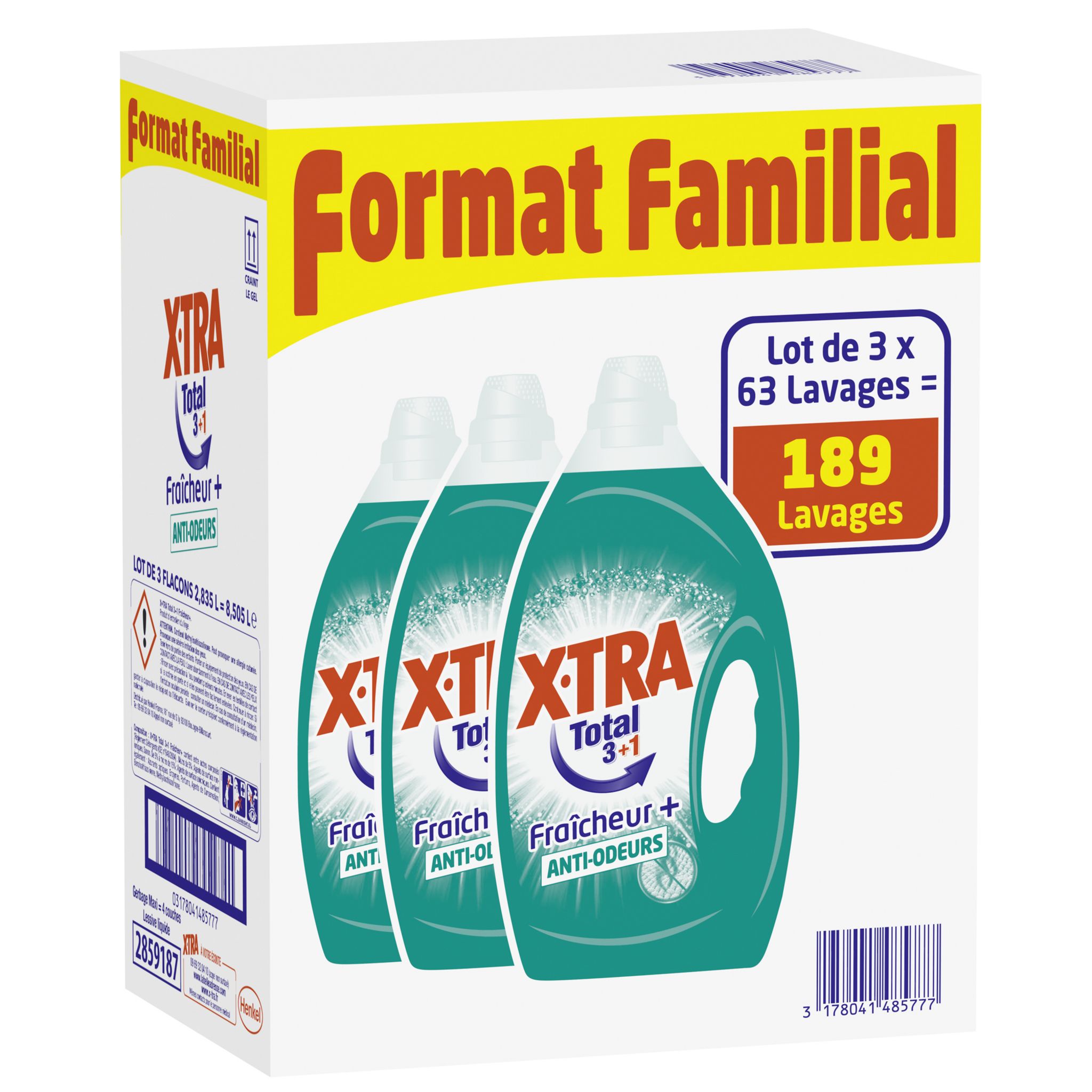 X-TRA Lessive liquide total 3+1 fraicheur anti-odeurs 3x2,835l pas cher ...